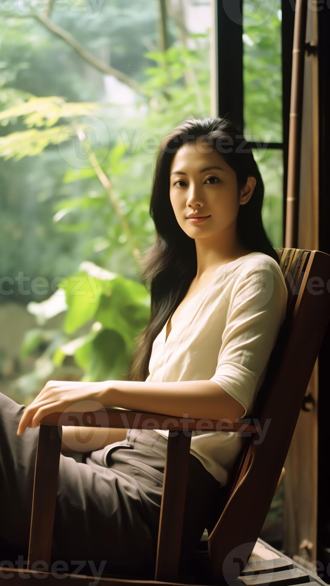 Ai Generative Relaxed Calm Young Woman Lounging Sitting In Comfortable Wooden Rocking Chair