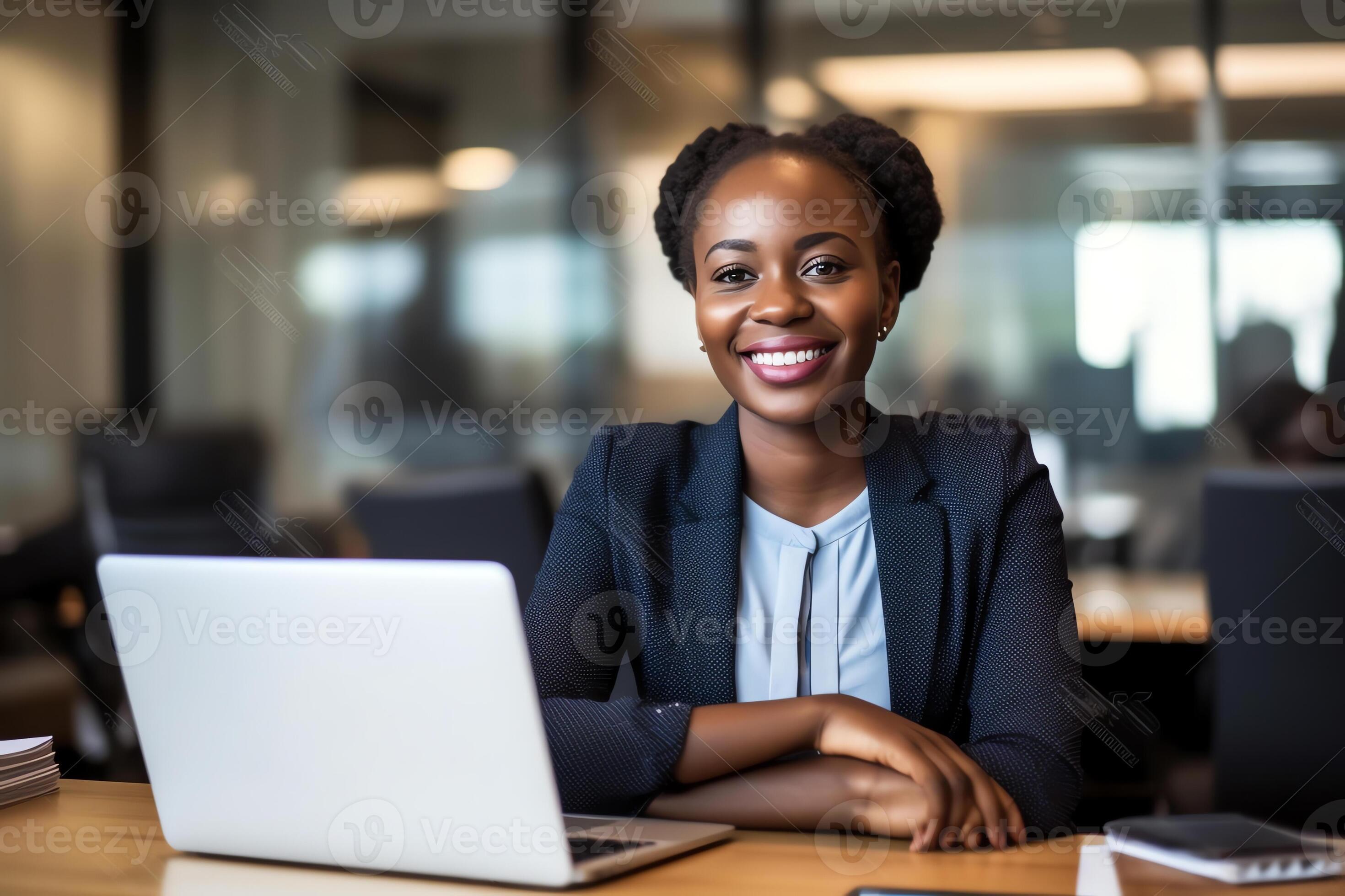 AI Generative Smiling african american business woman coach teacher hr looking at camera happy ...