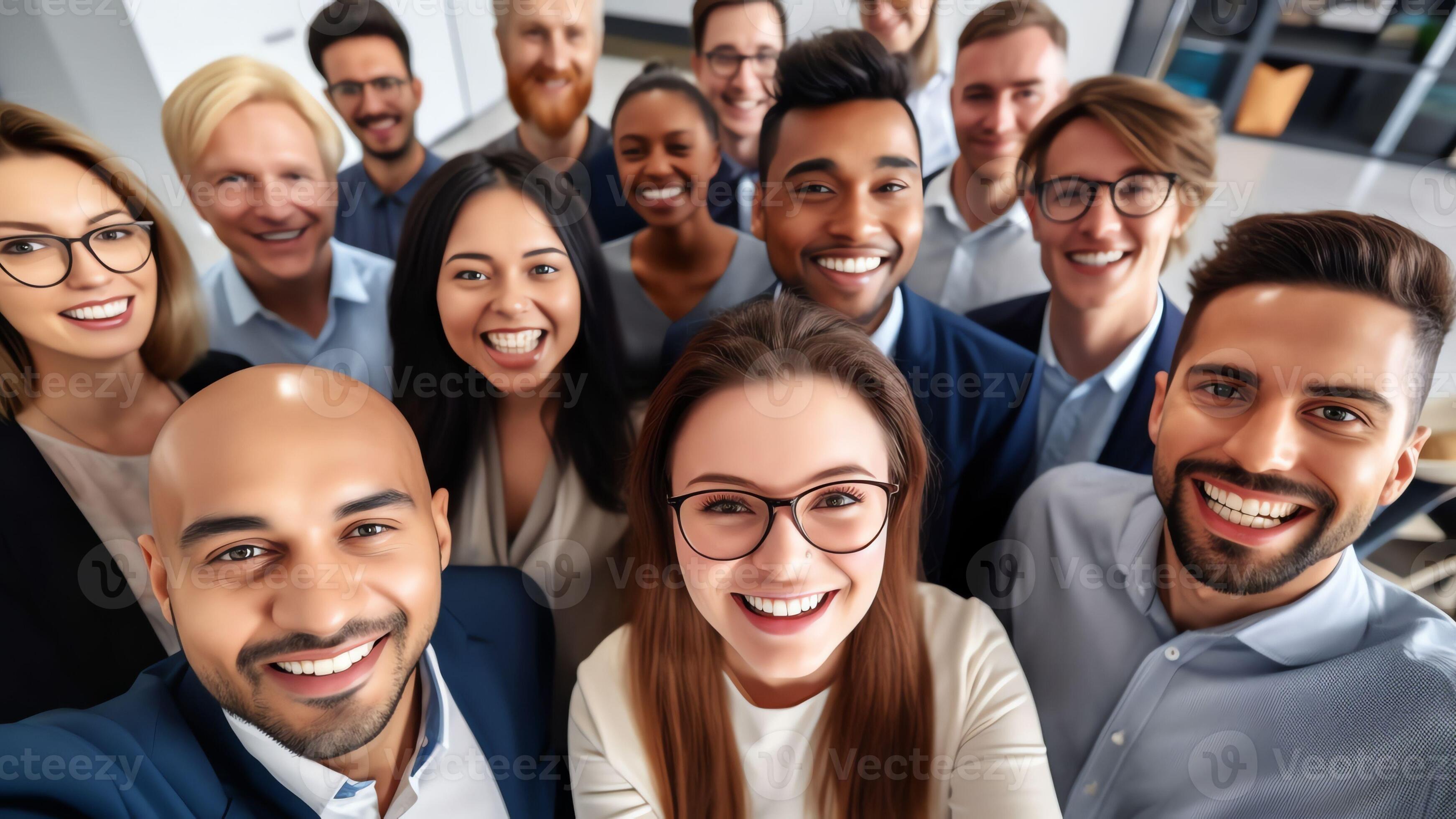 AI Generative Smiling multiethnic employees standing looking at camera making team picture in ...