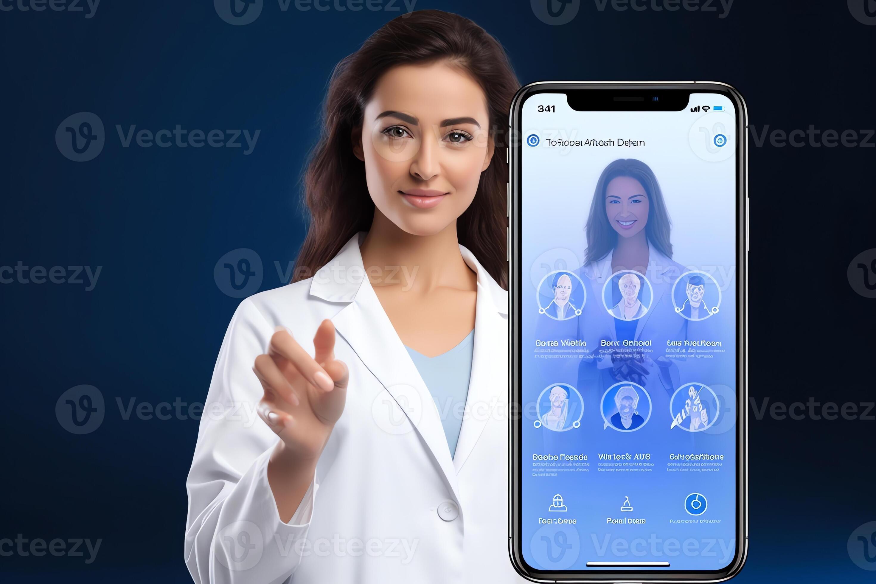 Ai Generative Young Female Physician Using Mobile Healthcare Tech App Consulting Remote Patient