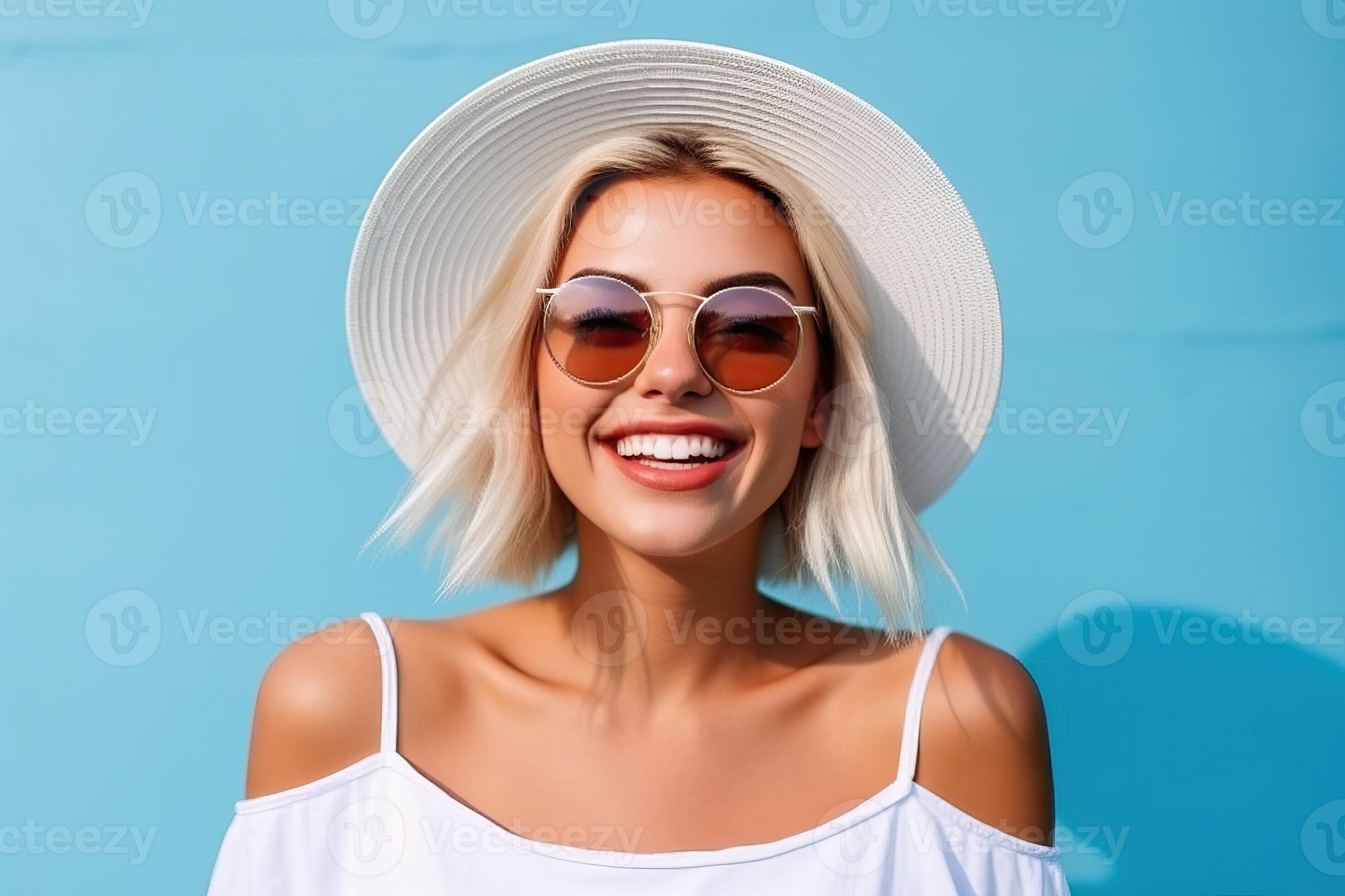 Portrait Beautiful Woman Wearing Sunglasses And Hat Smiling Confident