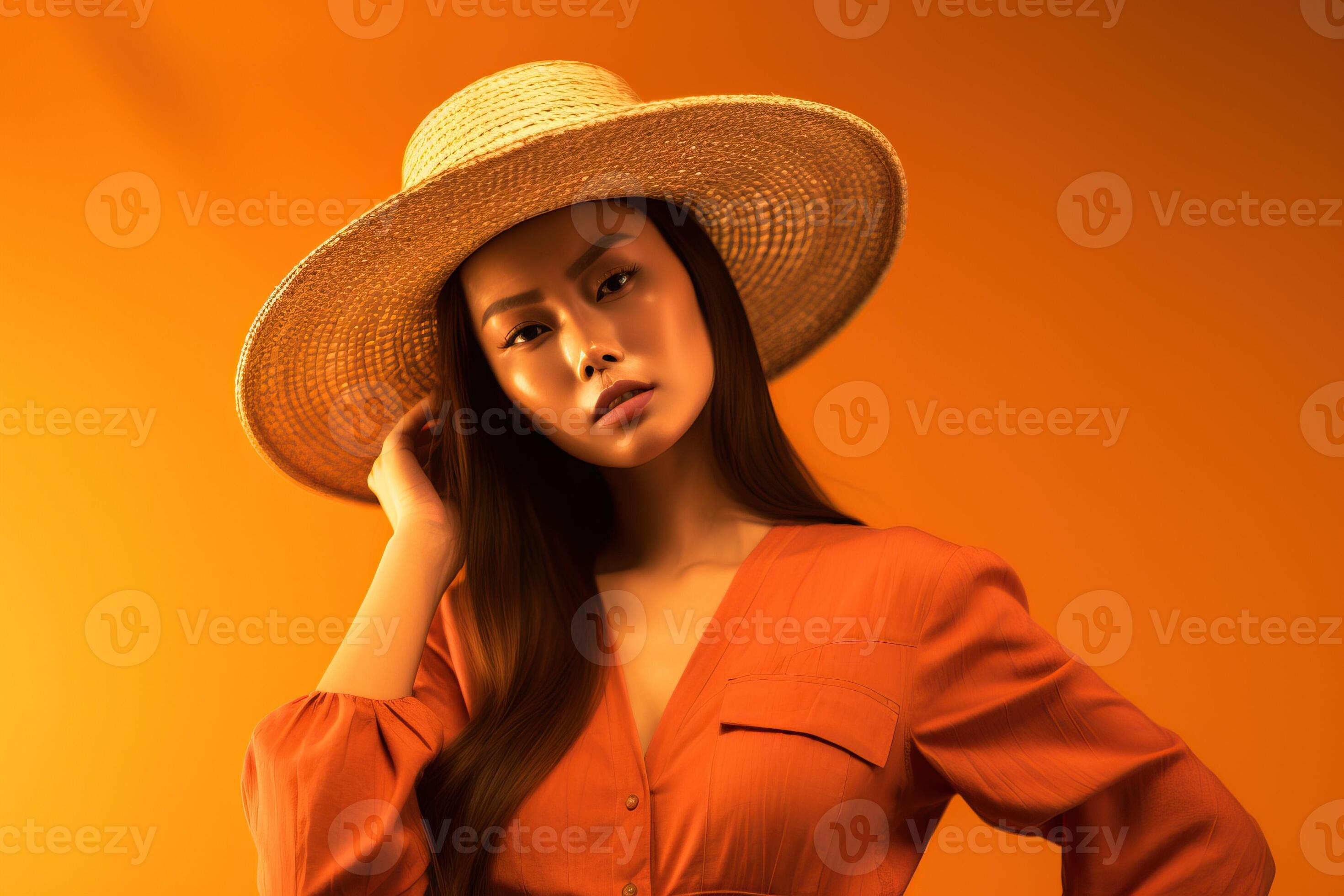 Portrait Beautiful Woman Wearing Straw Hat Made With 26944950 Stock