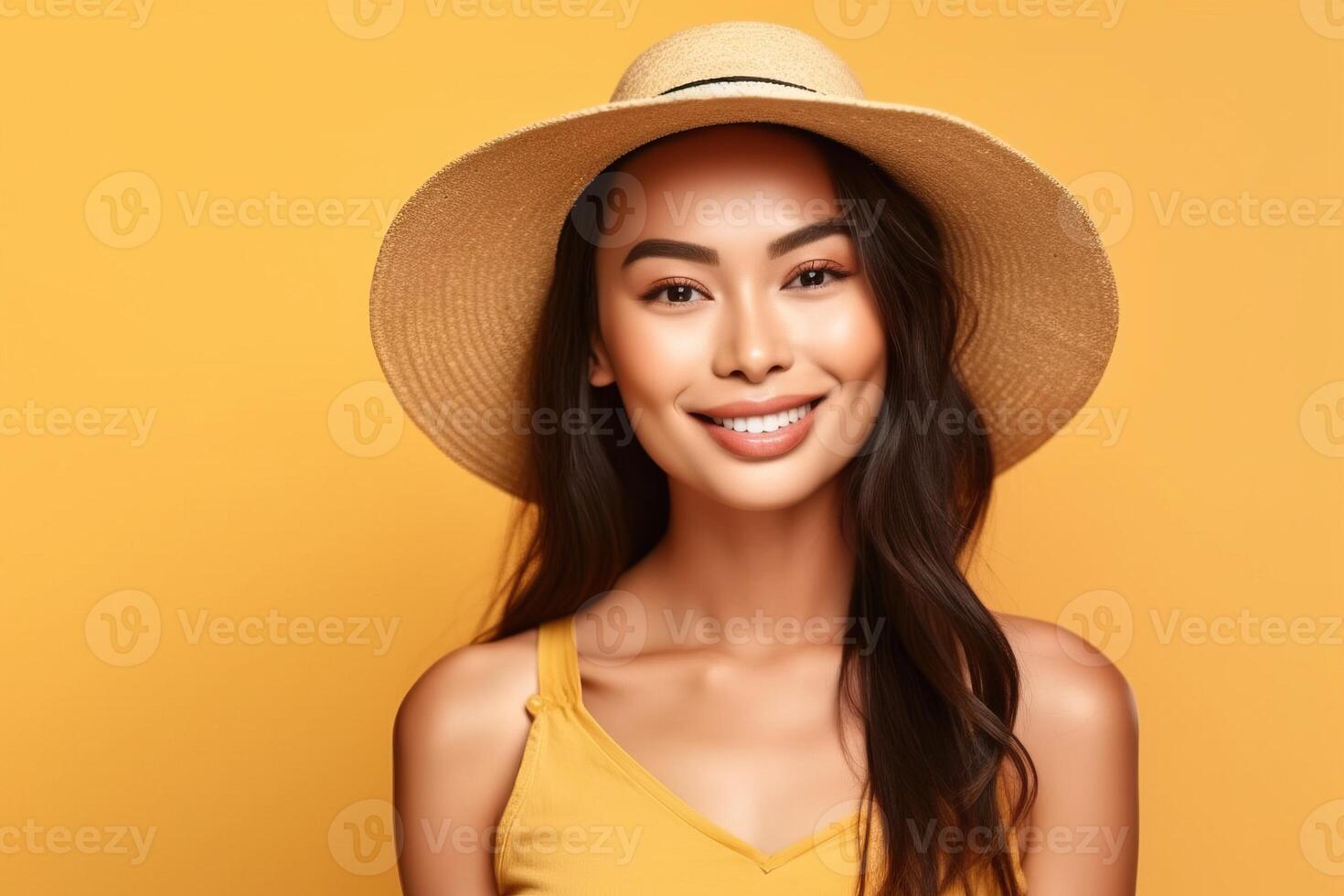 Portrait Beautiful Woman Wearing Straw Hat Smiling Confident Made With