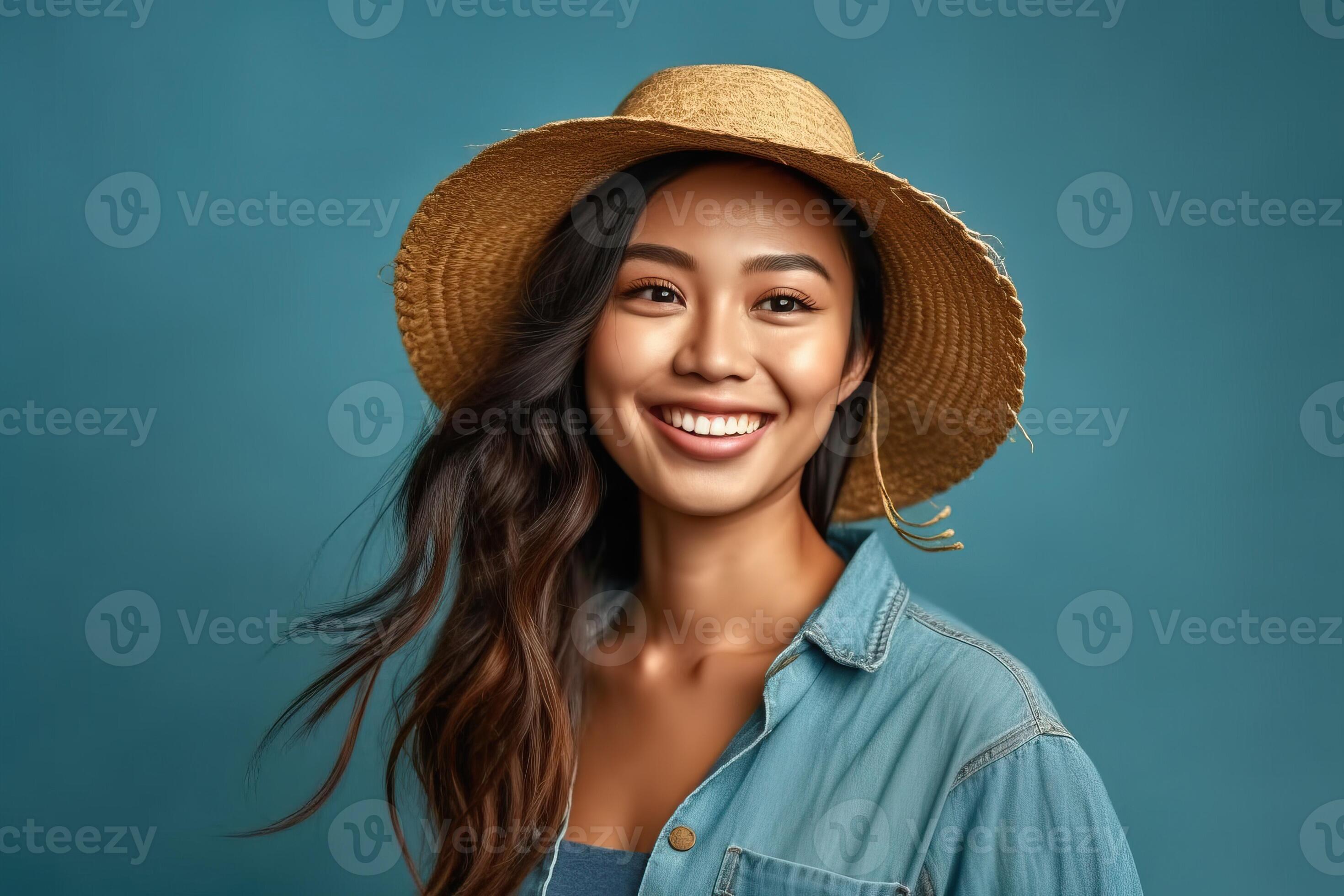Portrait Beautiful Woman Wearing Straw Hat Smiling Confident Made With