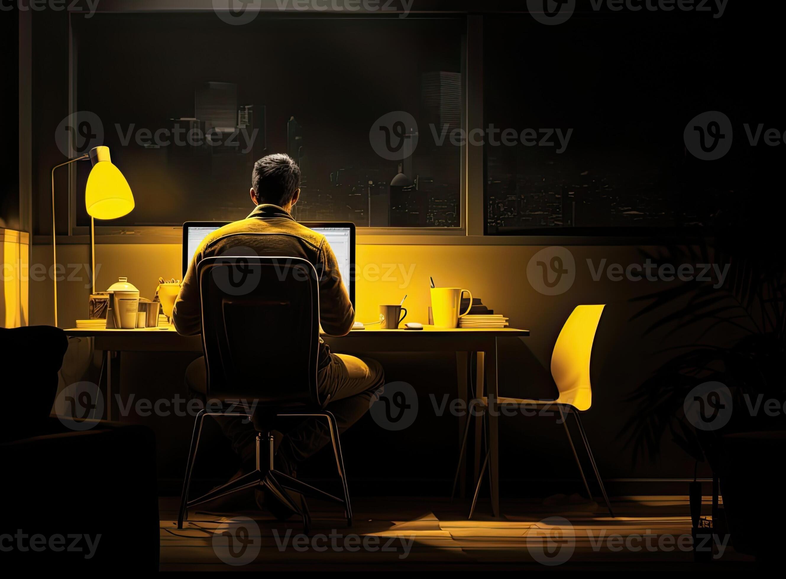 Wide angle back view at man using computer at home office with modern ...