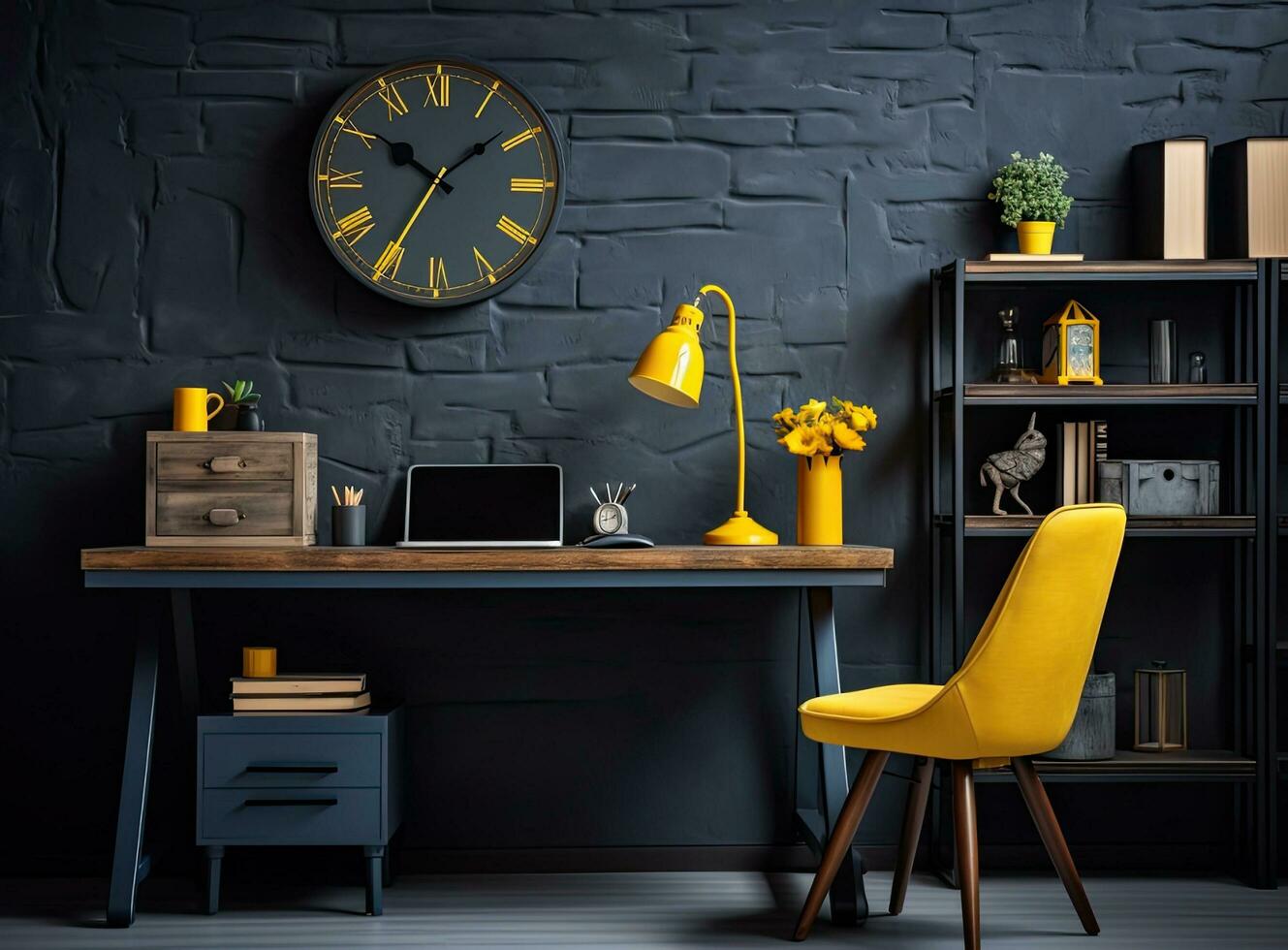 Wide angle back view at man using computer at home office with modern ...