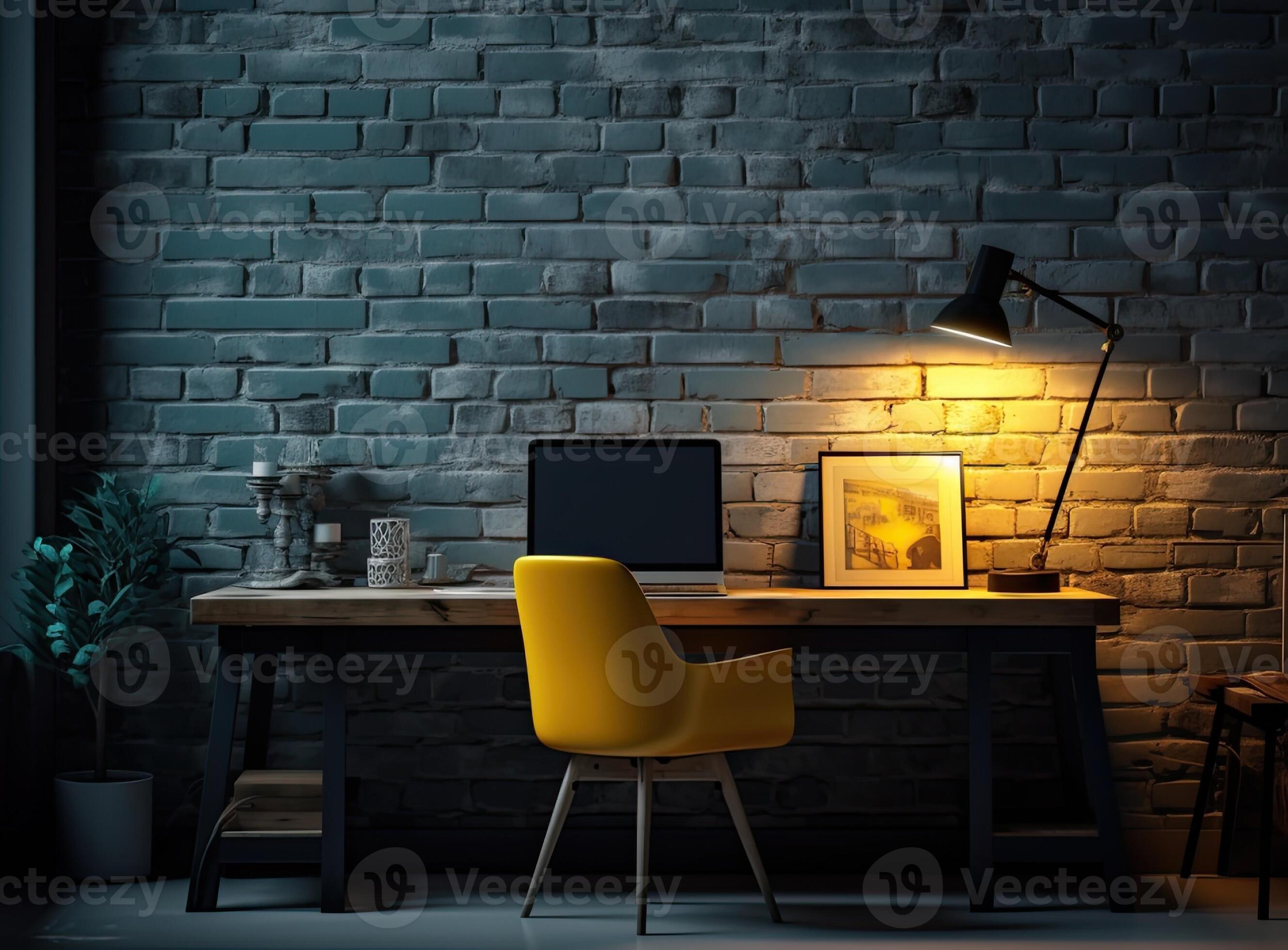 Wide angle back view at man using computer at home office with modern ...