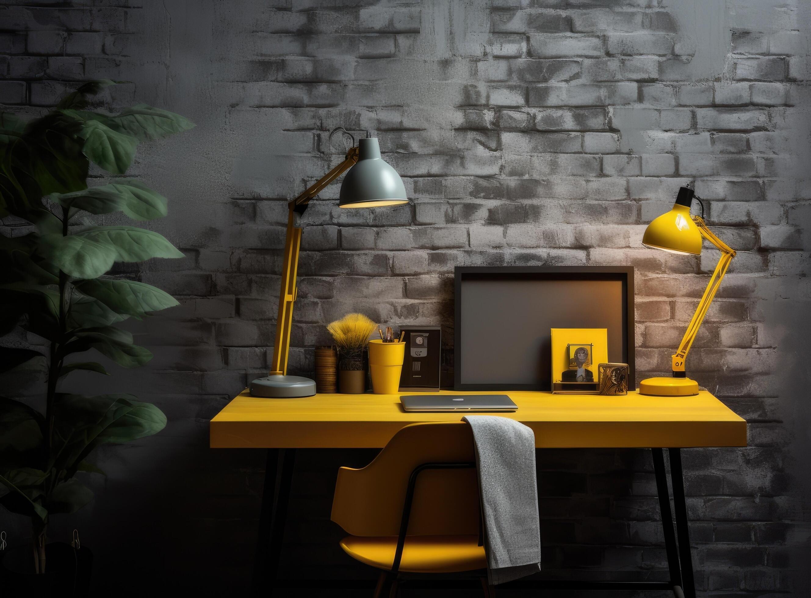 Wide angle back view at man using computer at home office with modern ...