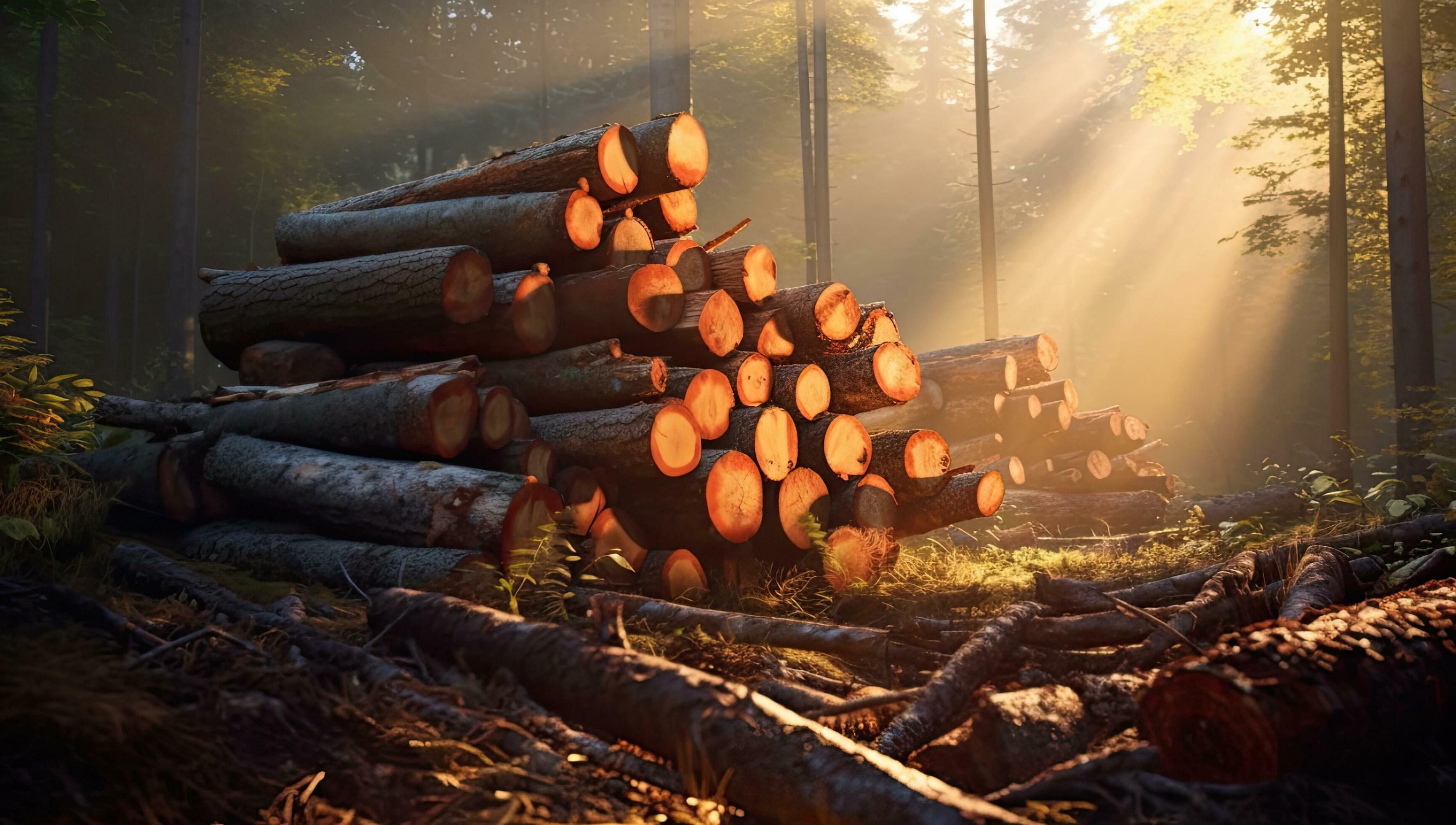Forest pine and spruce trees. Log trunks pile, the logging timber wood ...