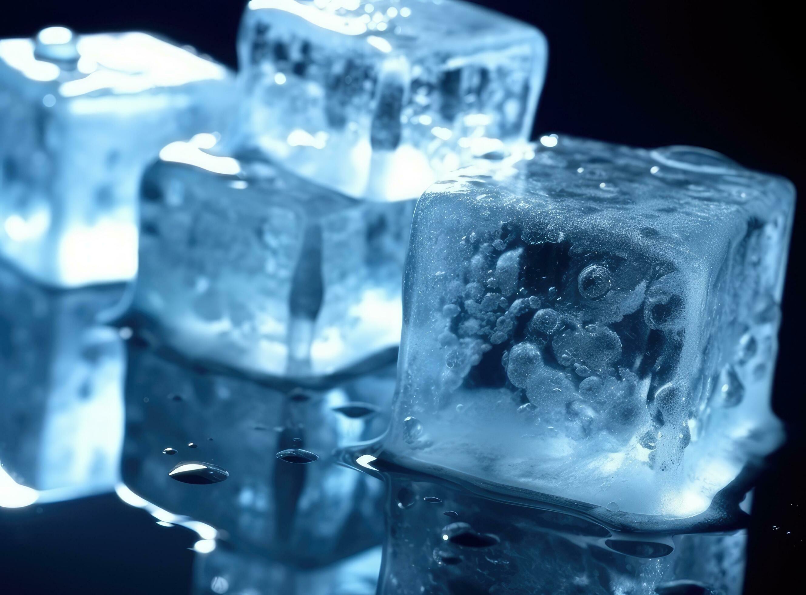 Three melting ice cubes on glass table. On white background. Created with Generative AI ...