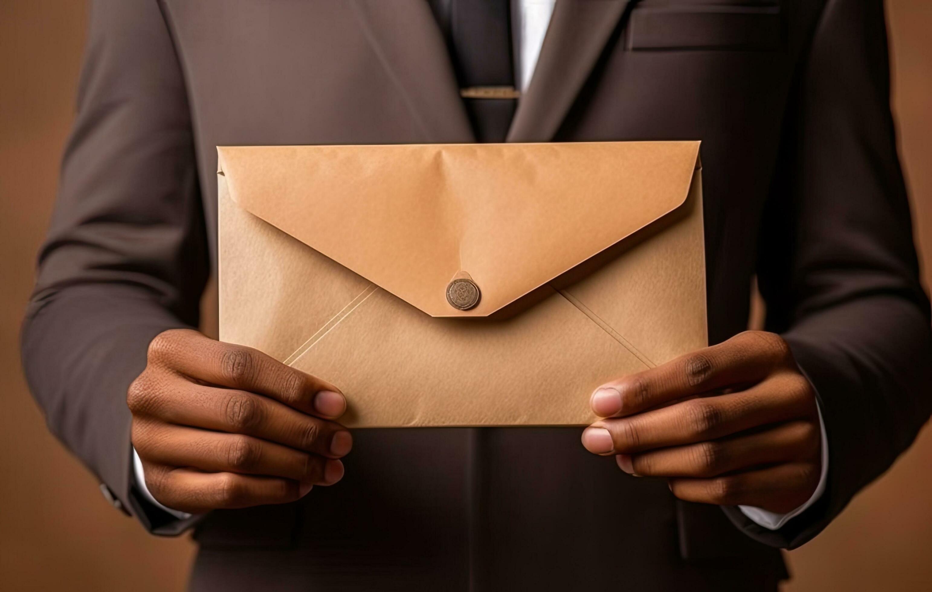 Close up young businessman entrepreneur in formal wear opening envelope with paperwork ...