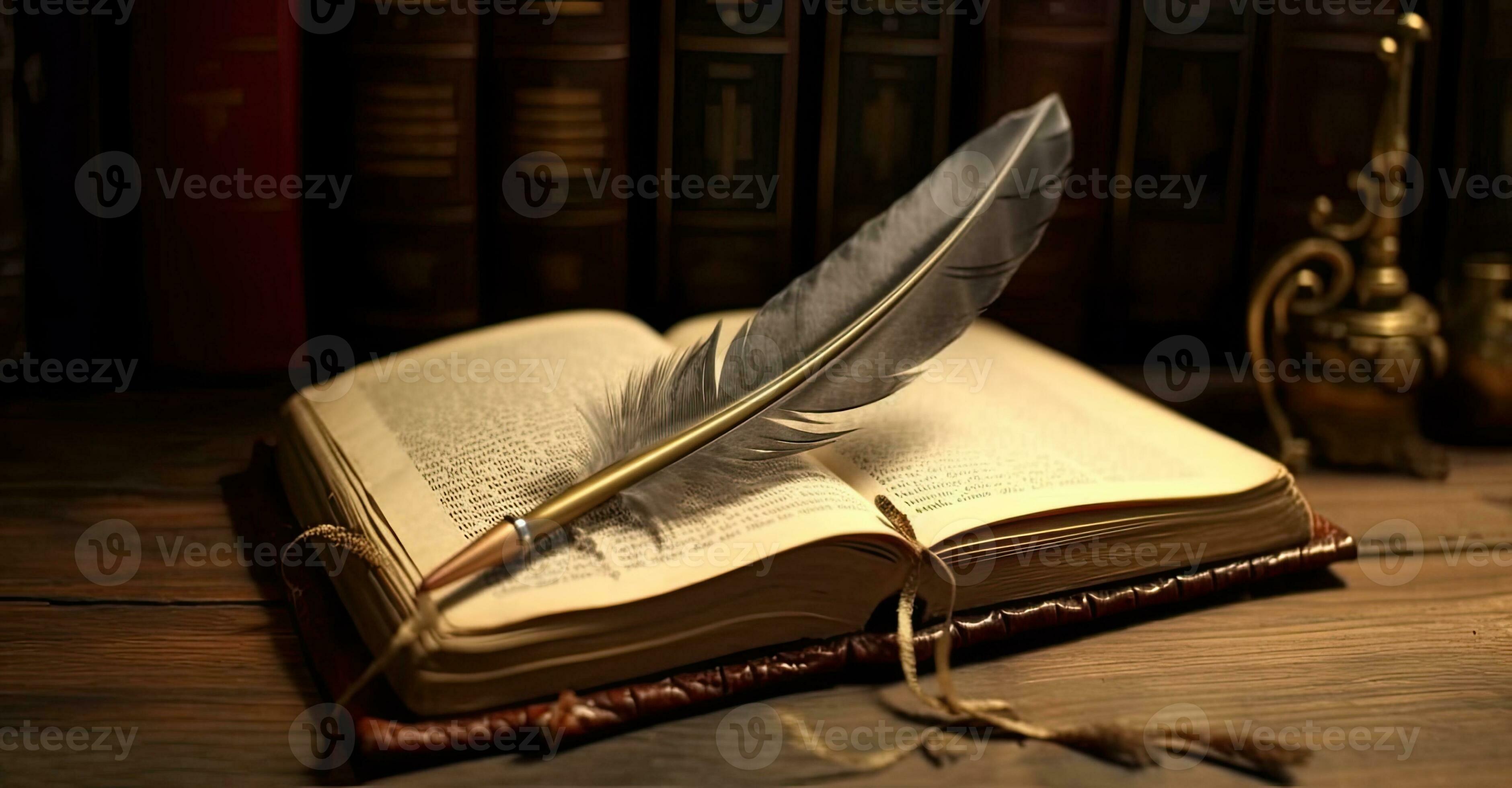 Old quill pen with inkwell and papers on wooden desk against vintage bookcase. retro style ...
