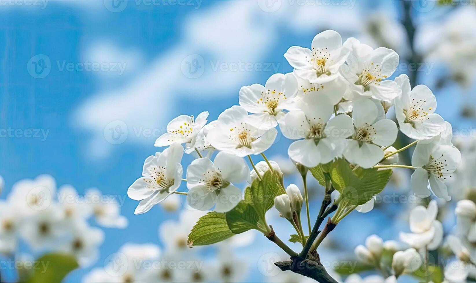 Cherry blossoms on the background of the spring sky. Fruit tree flowers ...