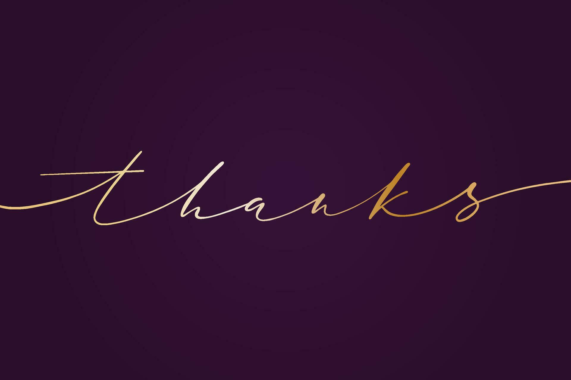 Thanks word golden script lettering on violet background card. Vector ...