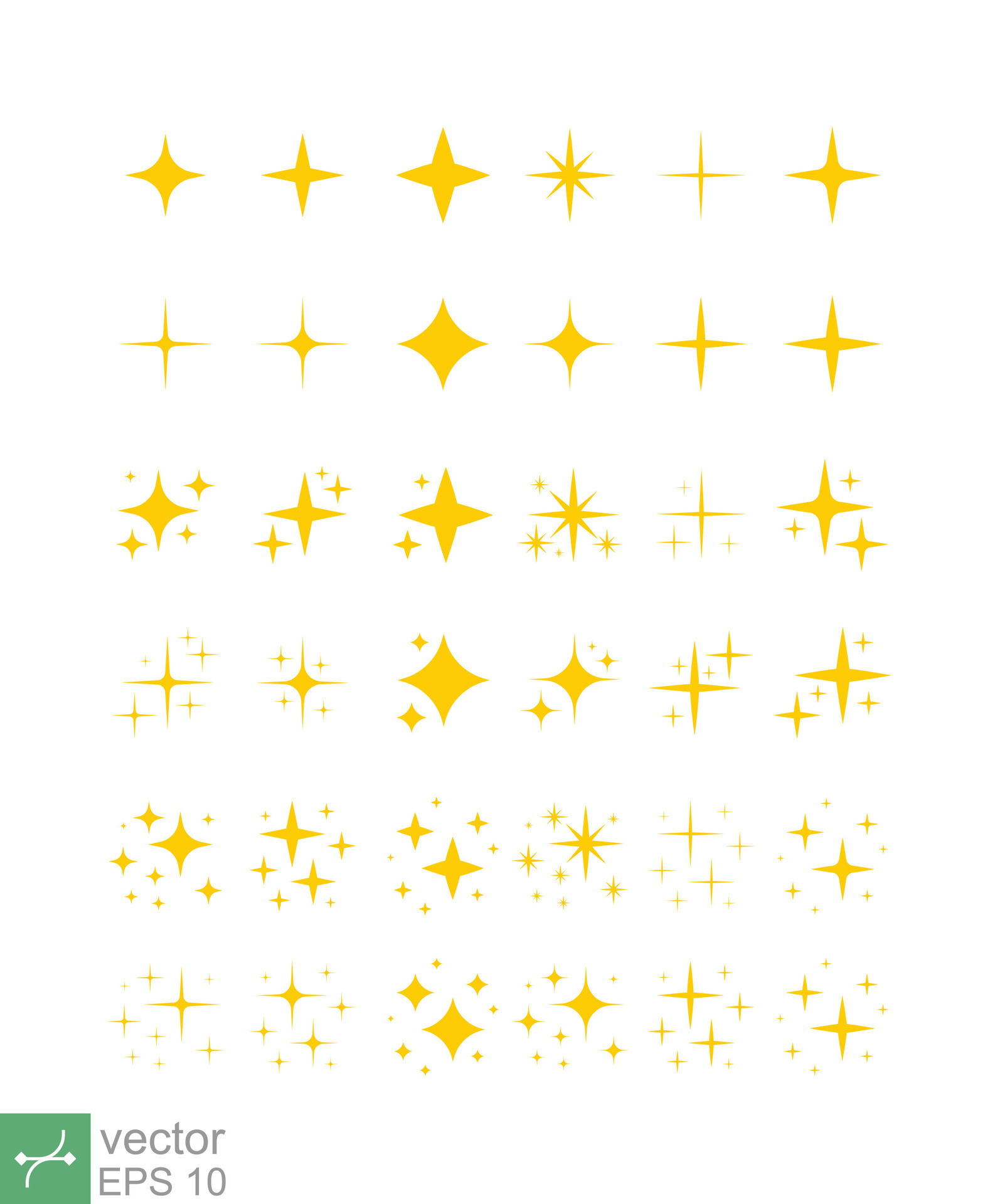Star sparkle icon set. Simple flat style. Yellow, gold, orange, decoration twinkle, spark, shiny ...