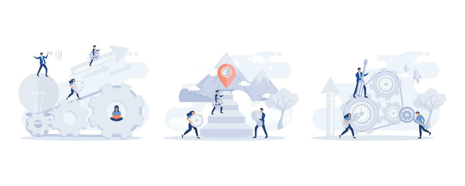 Team of businesspeople working with industrial gears or cogs in a ...