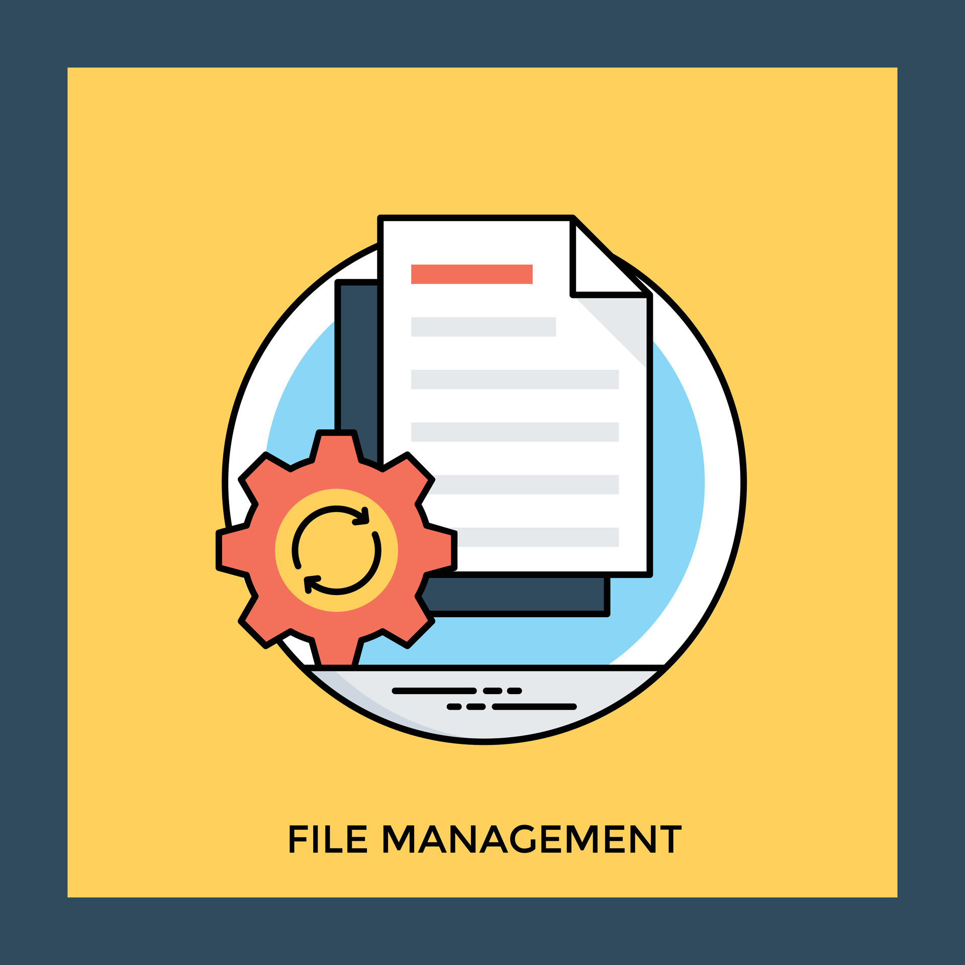 A file management concept for file is shown by cogwheel on a paper ...