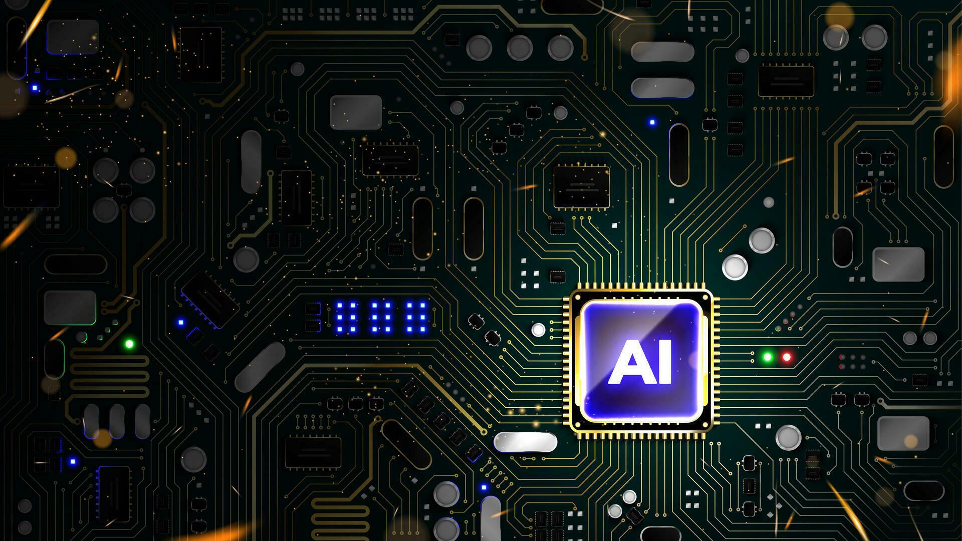 AI chipset processor with golden circuits and electronic components on the PCB board. Futuristic ...