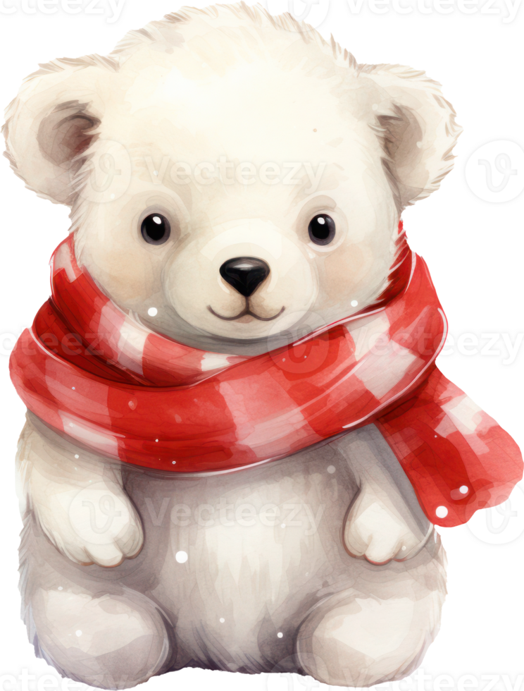 Cute Polar Bear With Red Scarf Cartoon Watercolor Ai Generated
