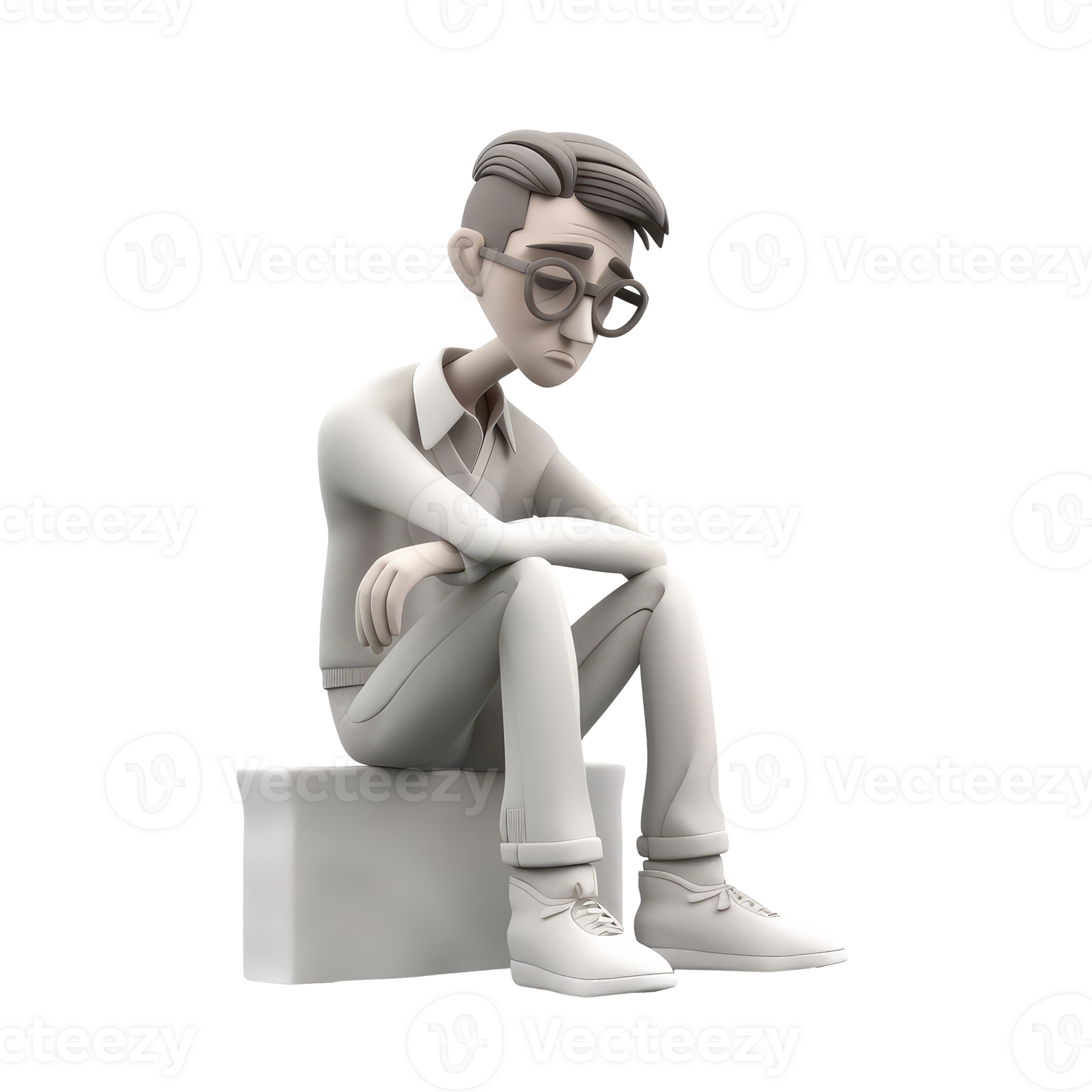 3d icon illustration lonely stress man sitting young subdued male ...