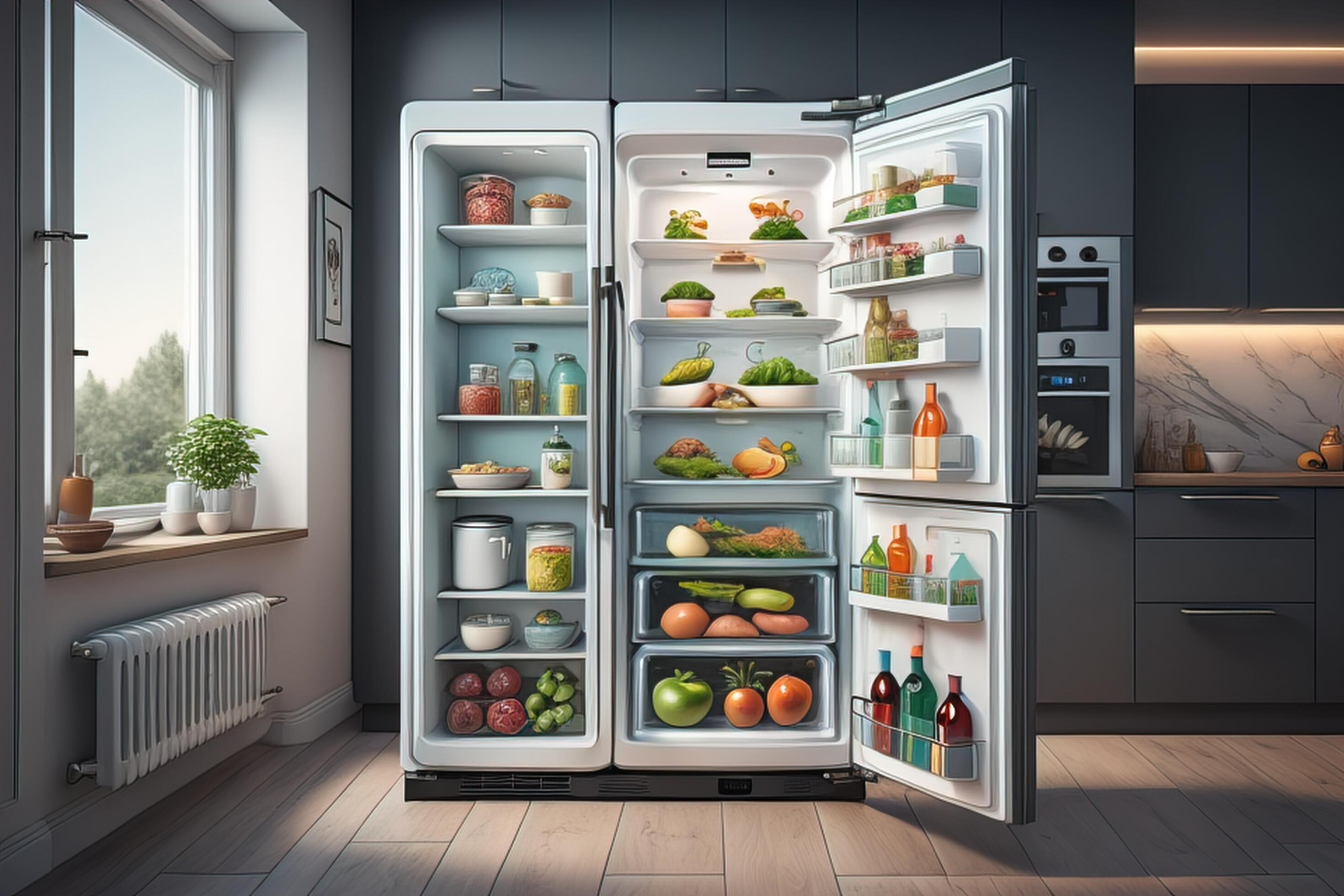 Open refrigerator with different products in the kitchen. 26978452 Stock Photo at Vecteezy