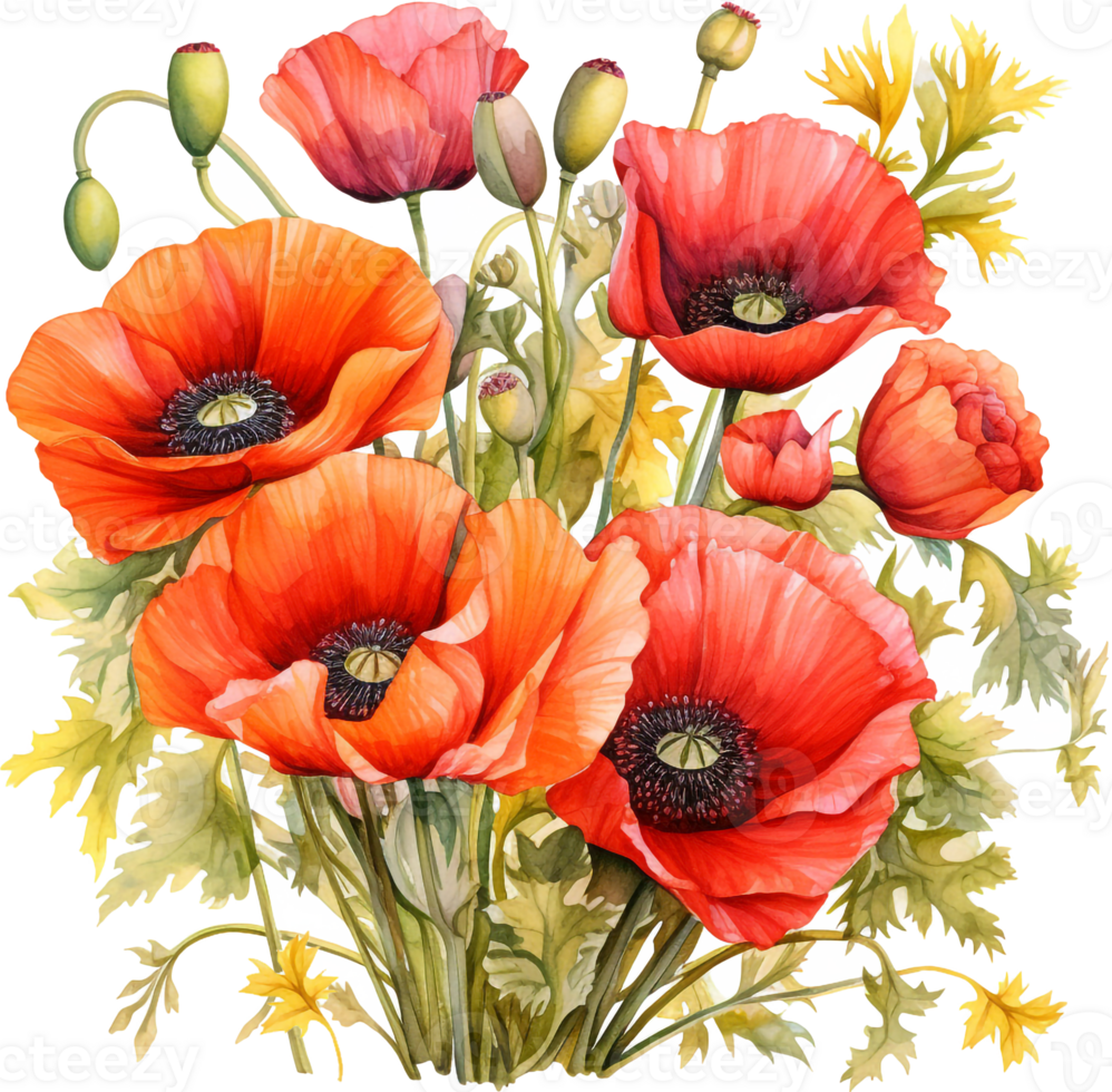 Watercolor Drawing Of Red Poppy Flowers Isolated On White Botanical