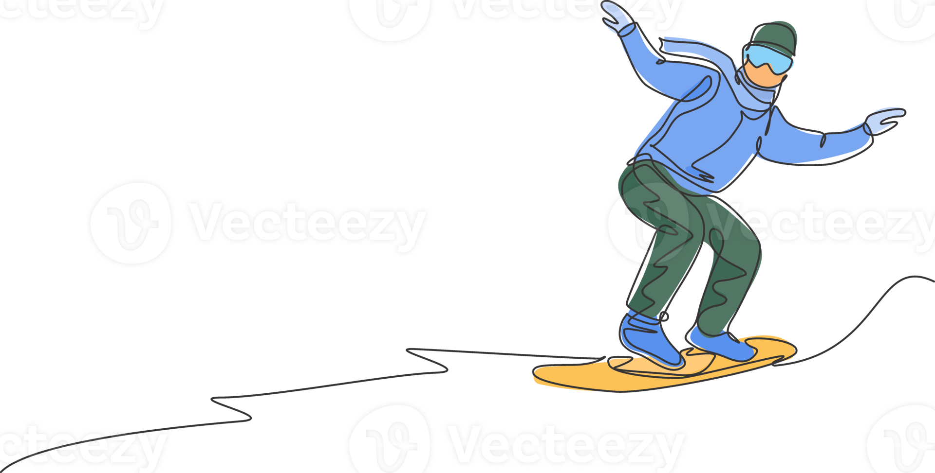 One single line drawing young energetic snowboarder man ride fast ...