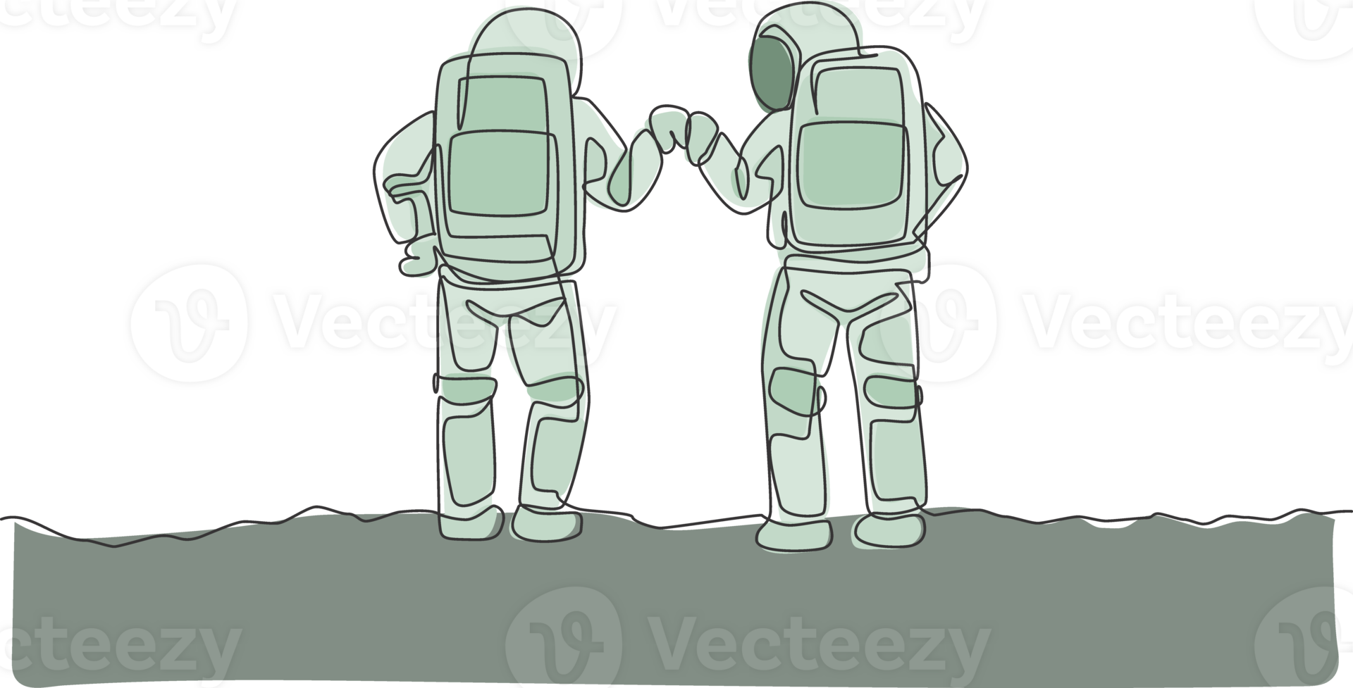 One continuous line drawing of two young happy astronauts giving fist bump gesture in moon ...