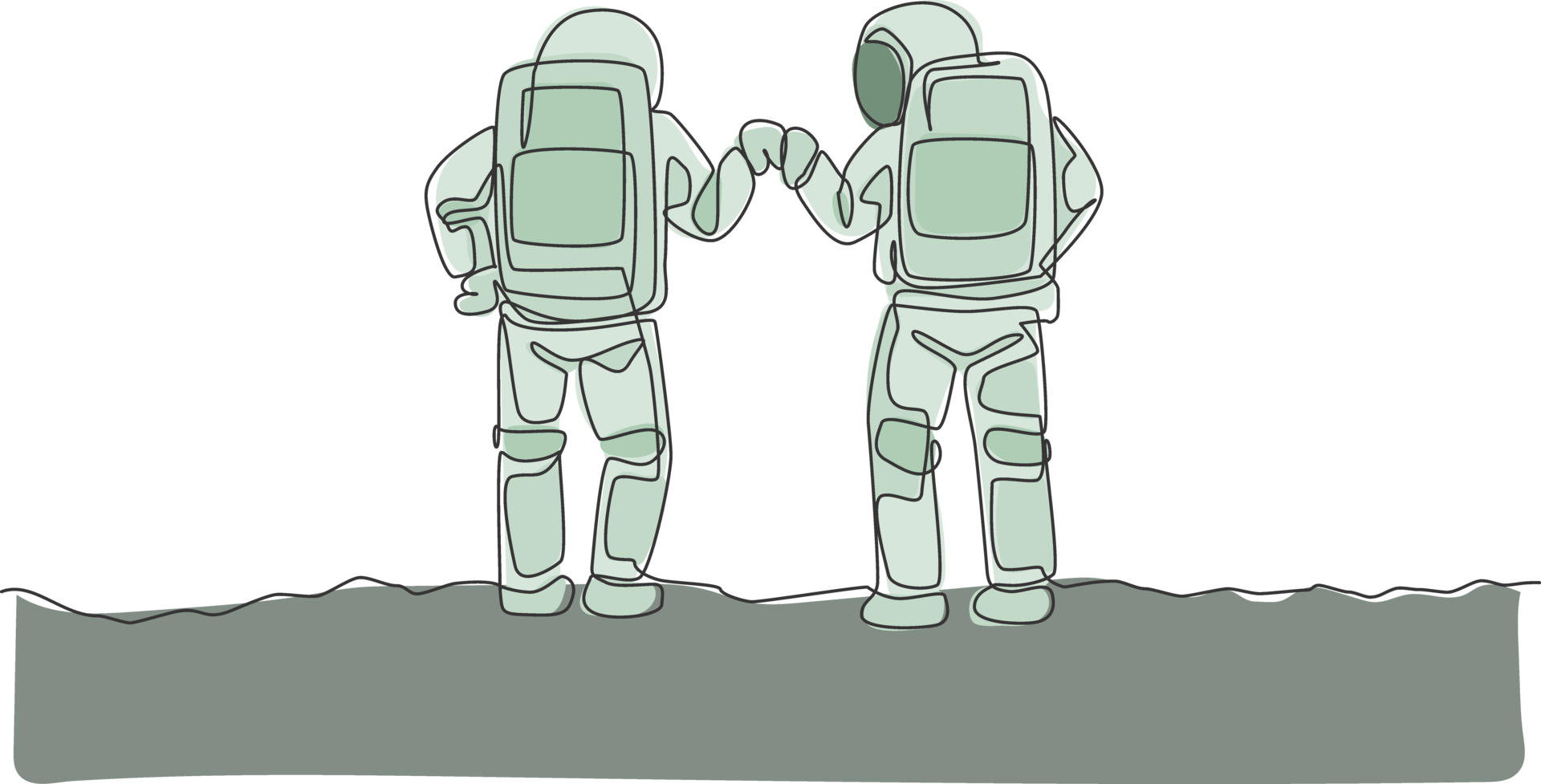 One Continuous Line Drawing Of Two Young Happy Astronauts Giving Fist Bump Gesture In Moon