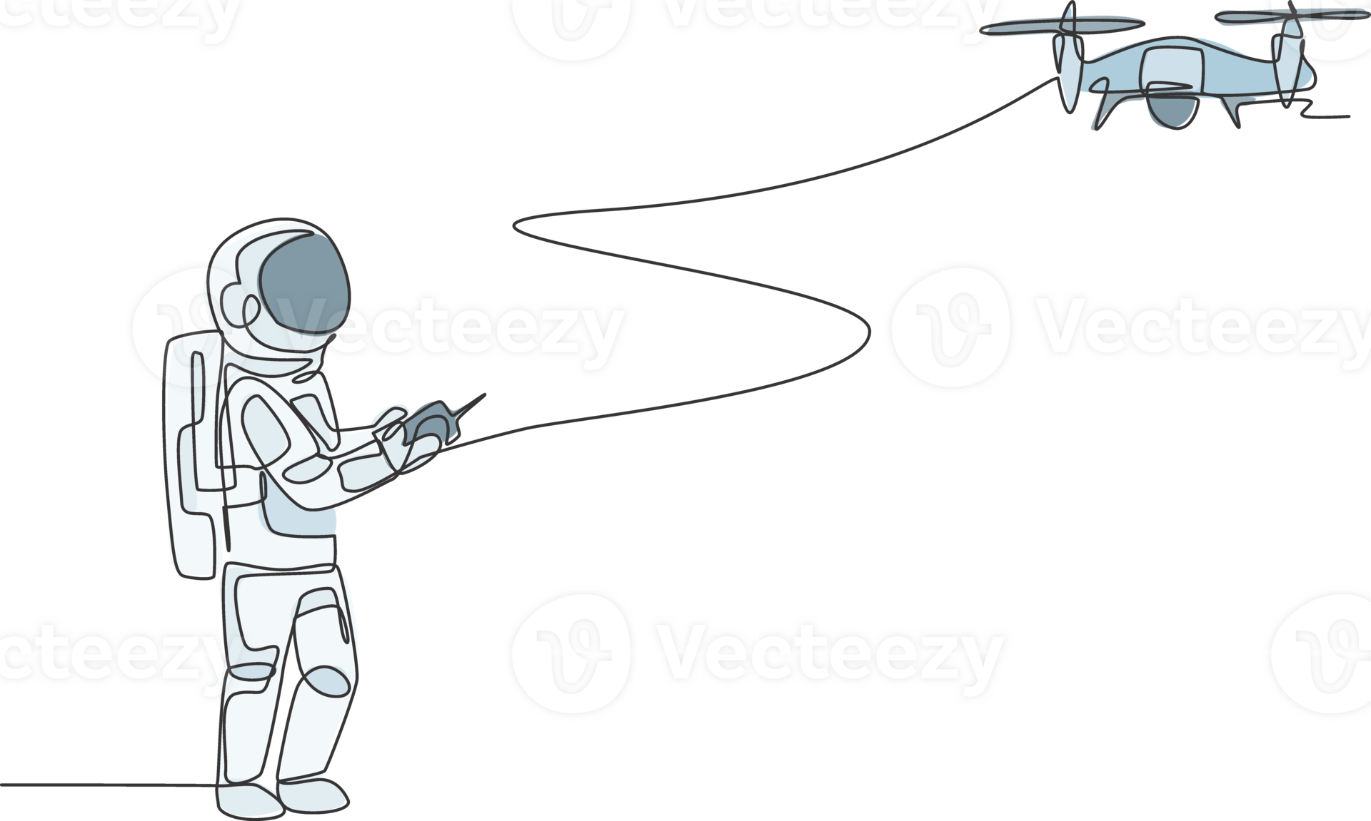 Single Continuous Line Drawing Astronaut Playing Drone Plane Radio Control In Moon Surface