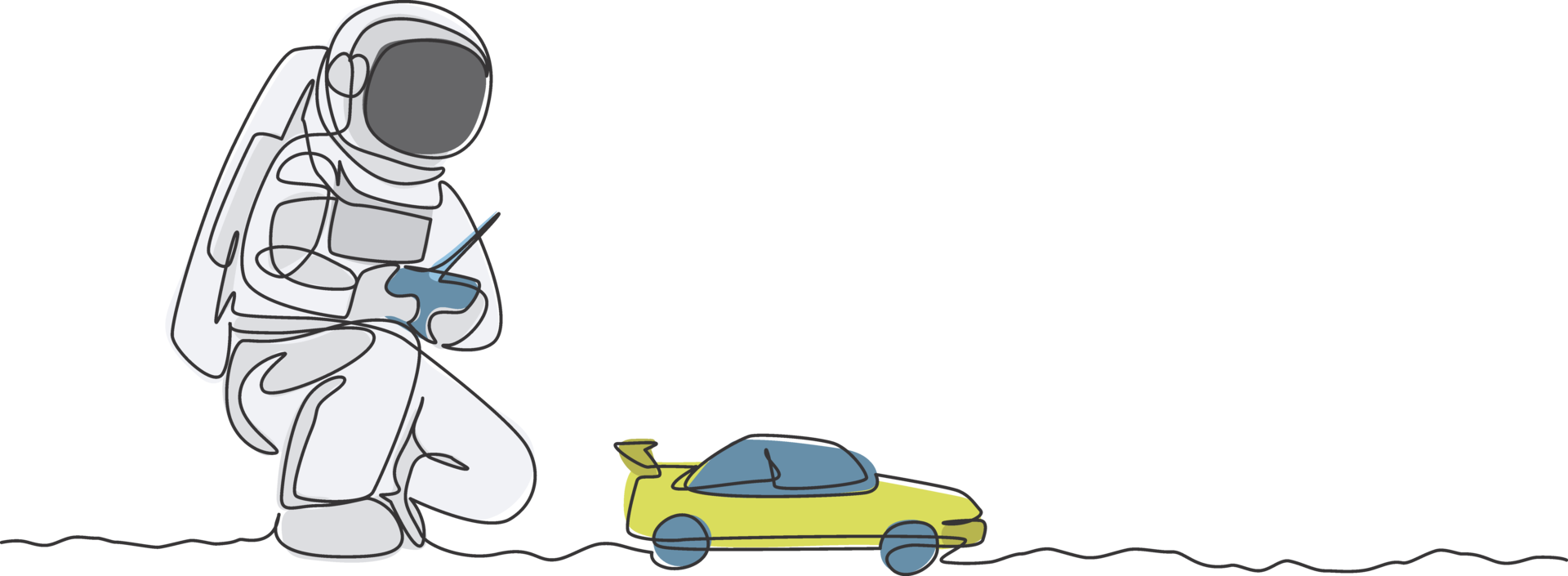 One Single Line Drawing Of Astronaut Playing Race Car Radio Control In Moon Land Illustration
