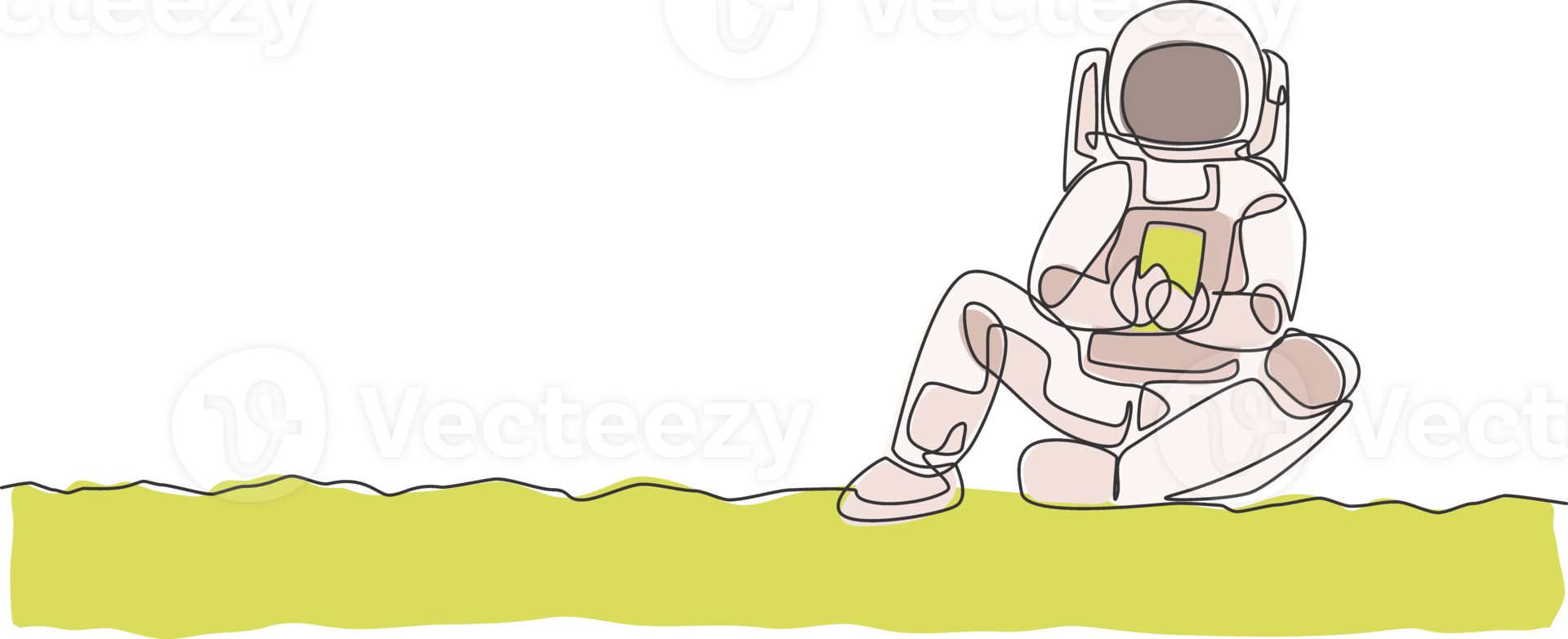 One Continuous Line Drawing Of Young Spaceman On Spacesuit Siting Relax On Moon Surface While