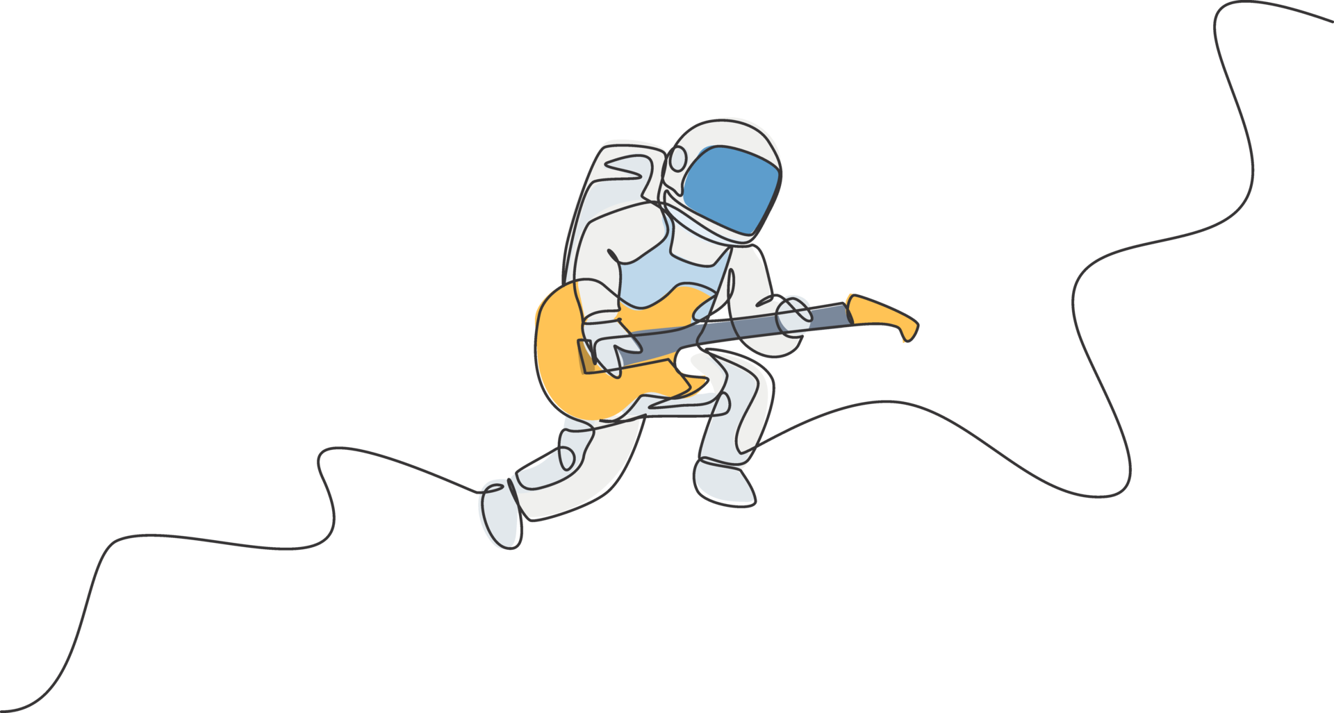 One Continuous Line Drawing Of Astronaut With Spacesuit Playing Acoustic Guitar In Galaxy