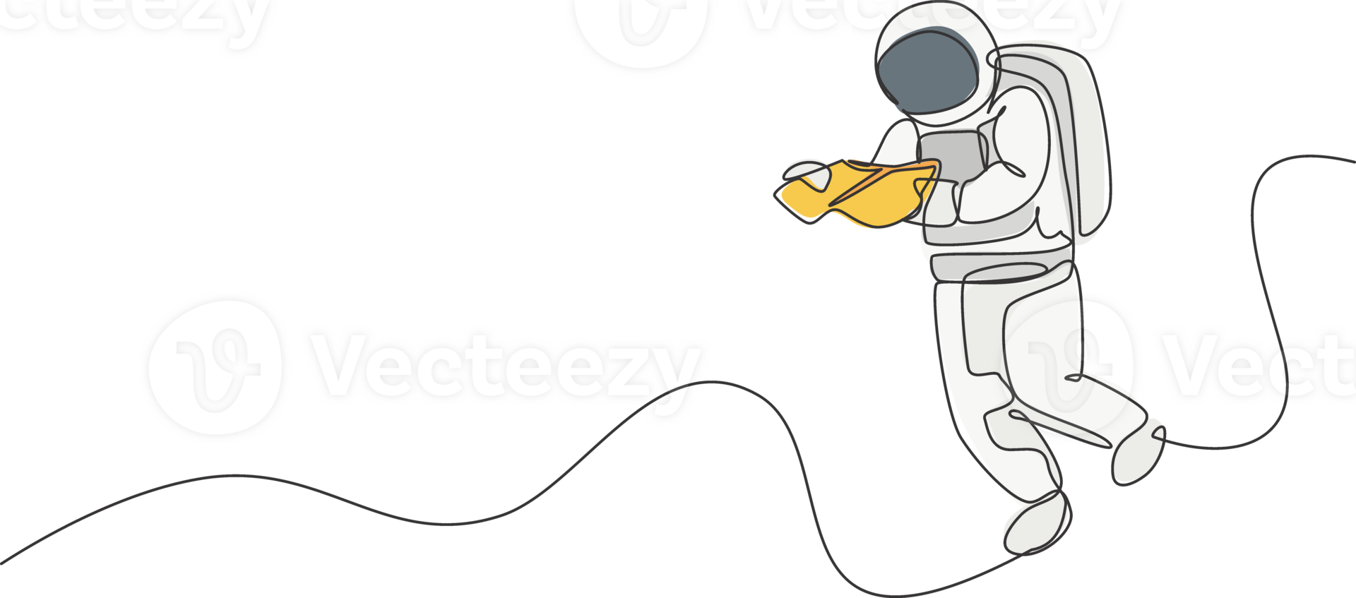 Single Continuous Line Drawing Of Floating Science Astronaut In Spacewalk Reading Space Map