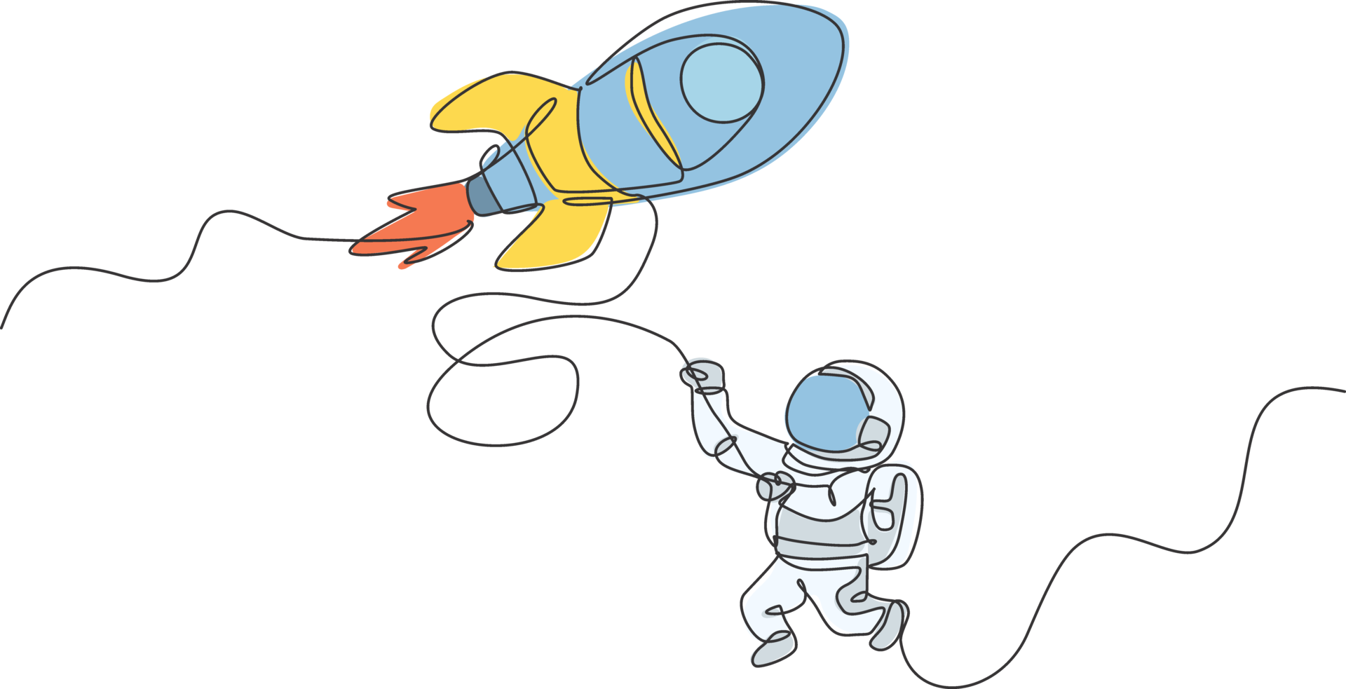 One Single Line Drawing Astronaut In Spacesuit Floating And Discovering Deep Space With Rocket