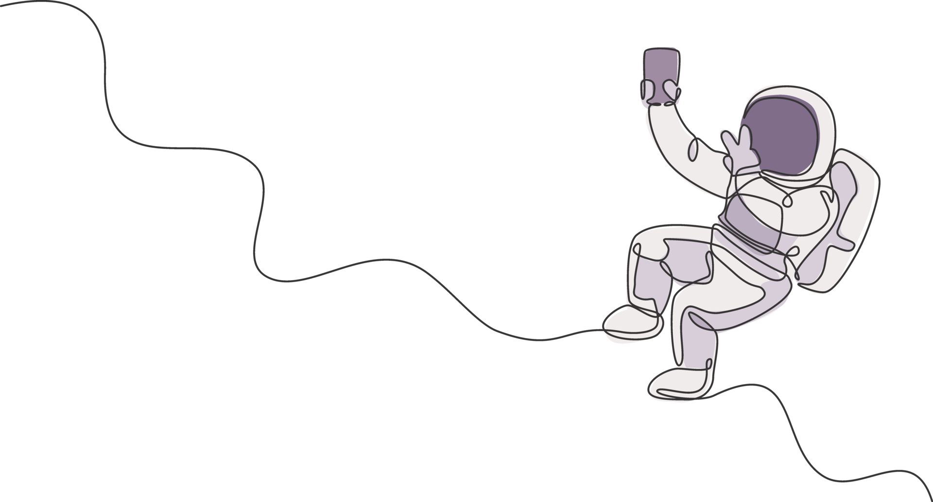 Single Continuous Line Drawing Of Floating Science Astronaut In Spacewalk Pose Selfie Using