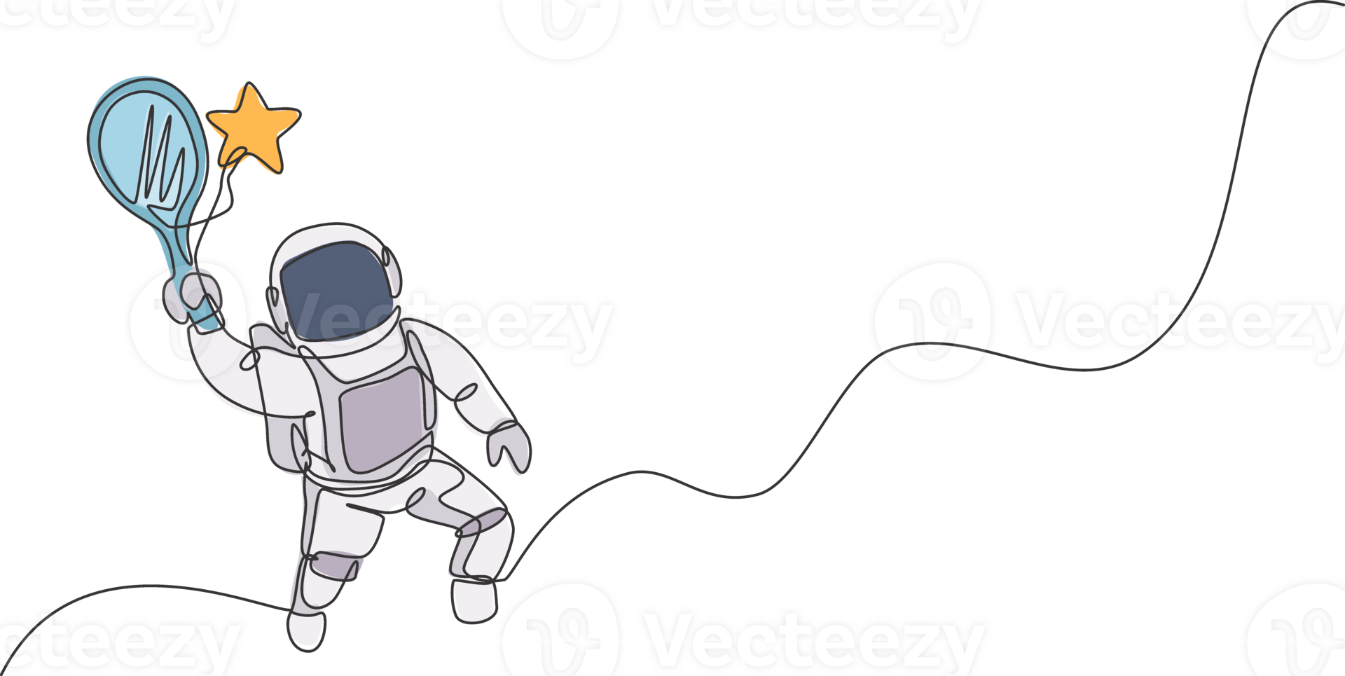 Single Continuous Line Drawing Of Floating Science Astronaut In Spacewalk Hitting Star Using