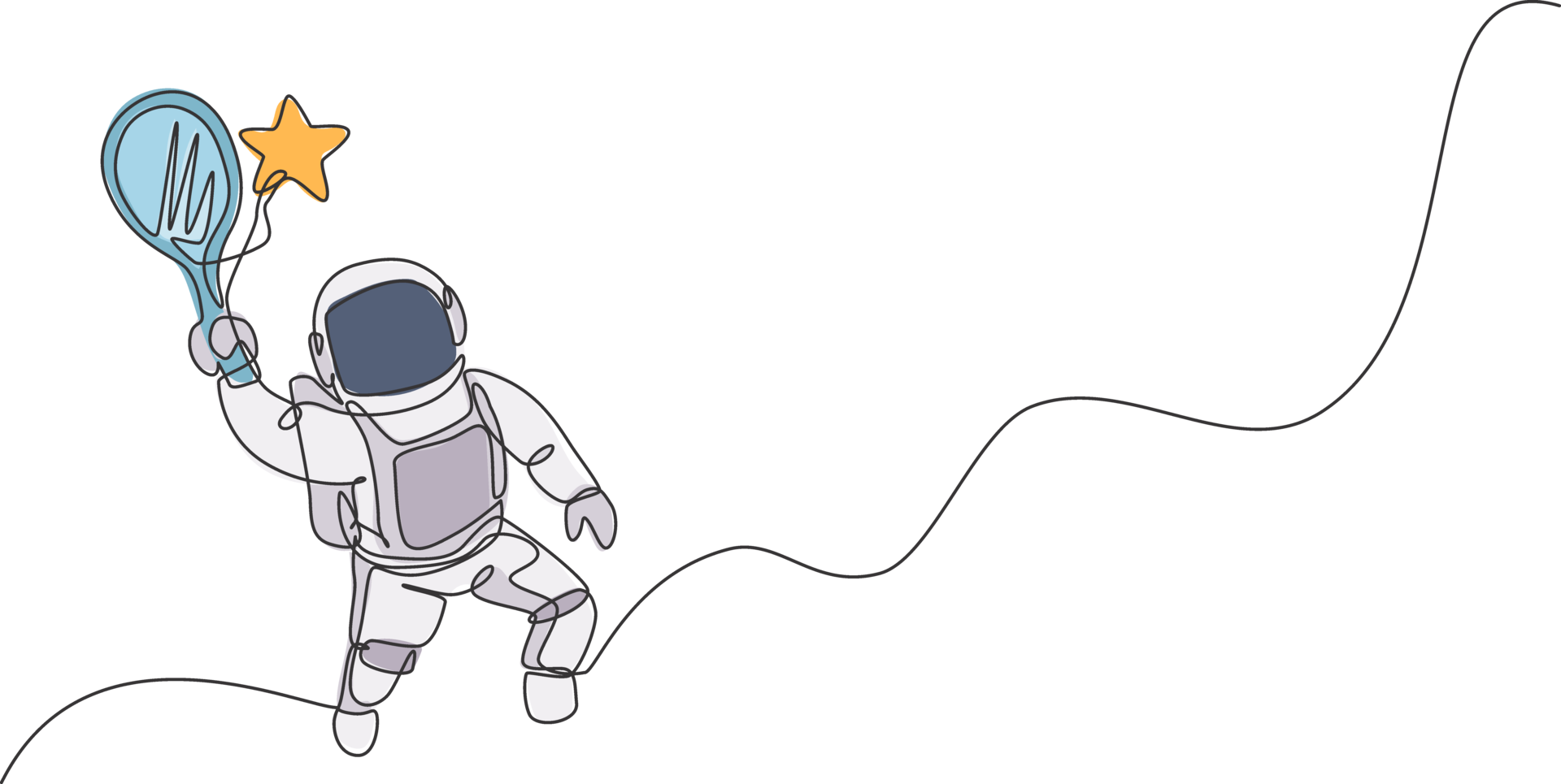 Single Continuous Line Drawing Of Floating Science Astronaut In Spacewalk Hitting Star Using