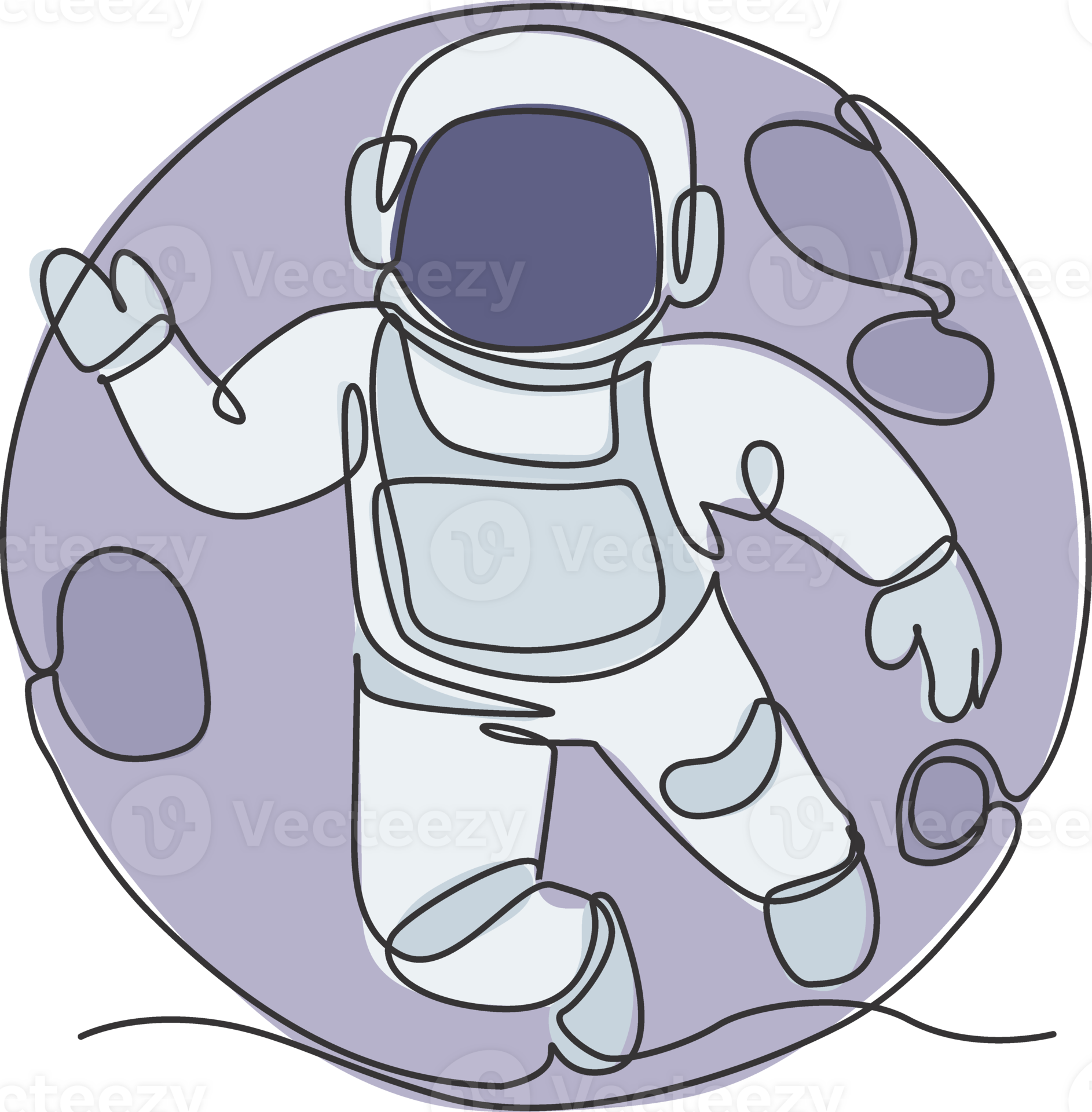 Single Continuous Line Drawing Of Floating Science Astronaut In Spacewalk Flying Against Full