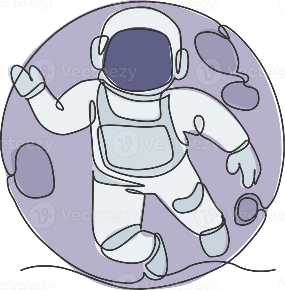 Single Continuous Line Drawing Of Floating Science Astronaut In Spacewalk Flying Against Full