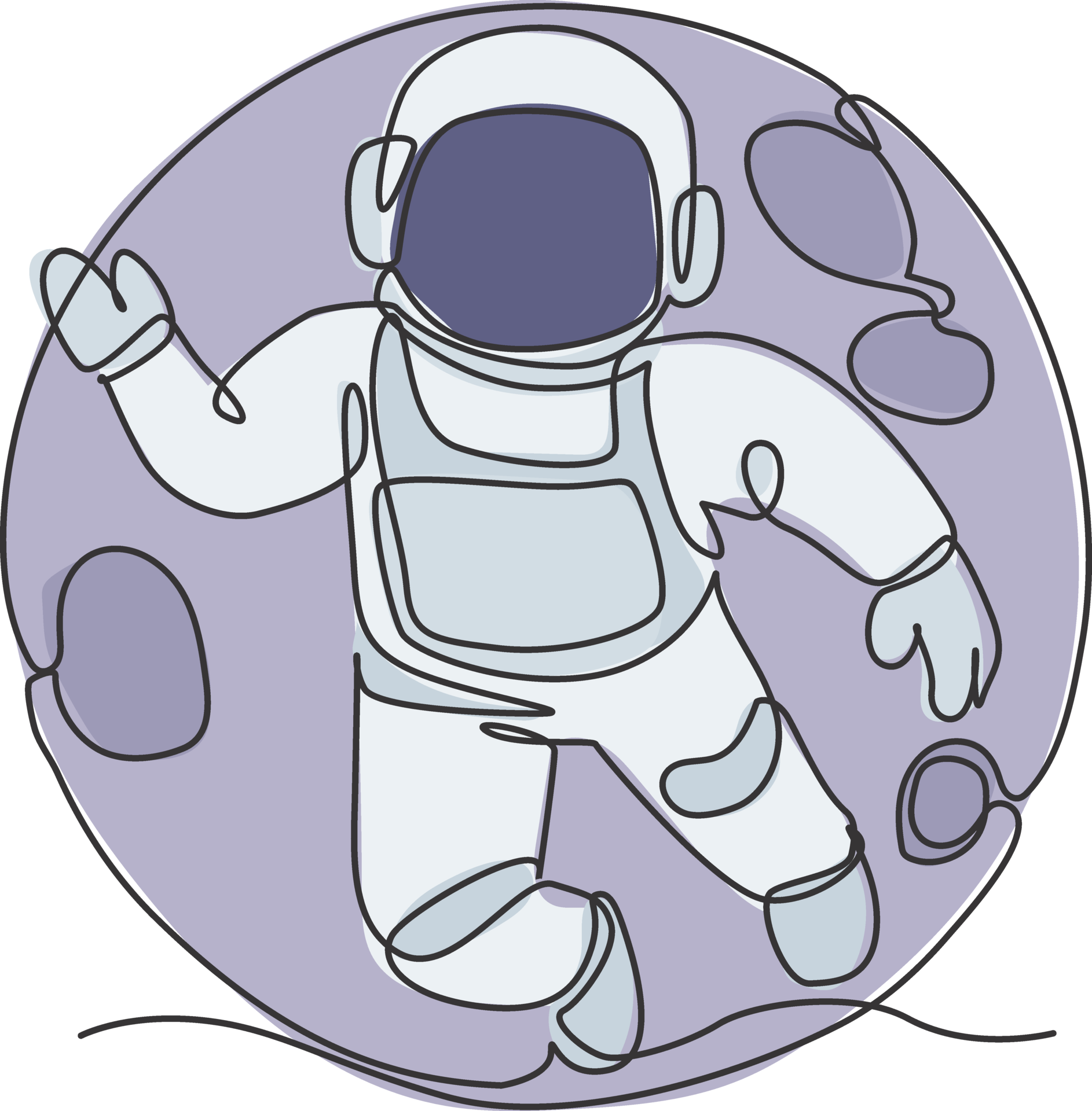 Single Continuous Line Drawing Of Floating Science Astronaut In Spacewalk Flying Against Full
