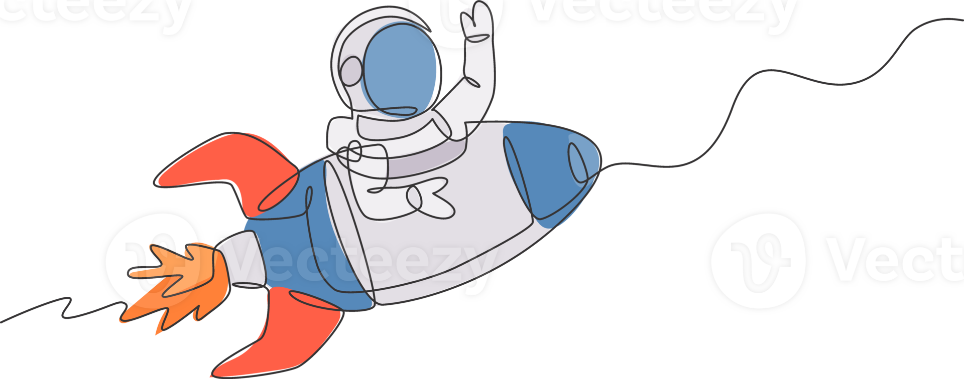 Single Continuous Line Drawing Of Astronaut In Spacesuit Waving Hand At Outer Space With Rocket
