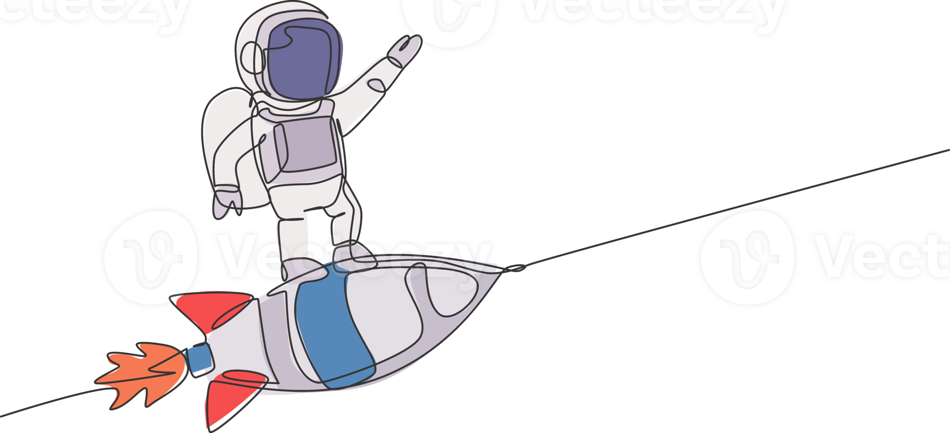 Single Continuous Line Drawing Of Astronaut In Spacesuit Flying At Outer Space While Standing On