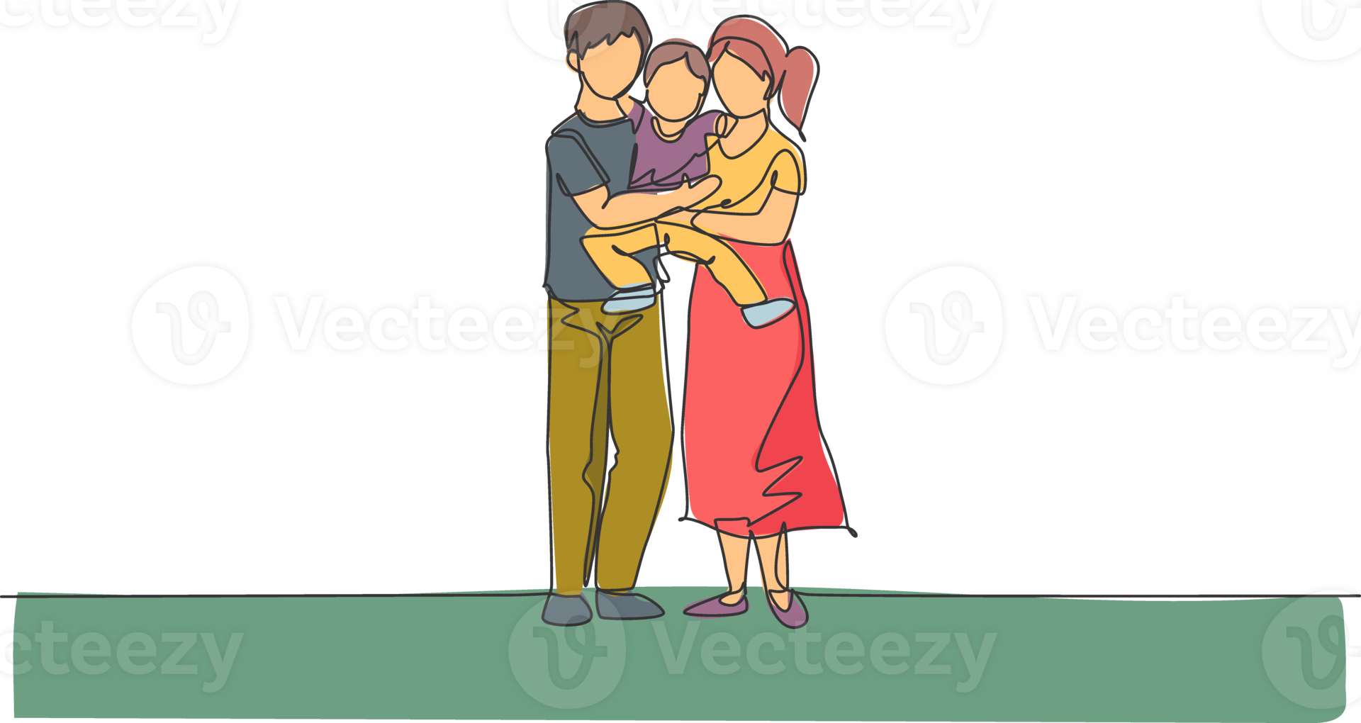 One continuous line drawing young happy mother and father carrying ...