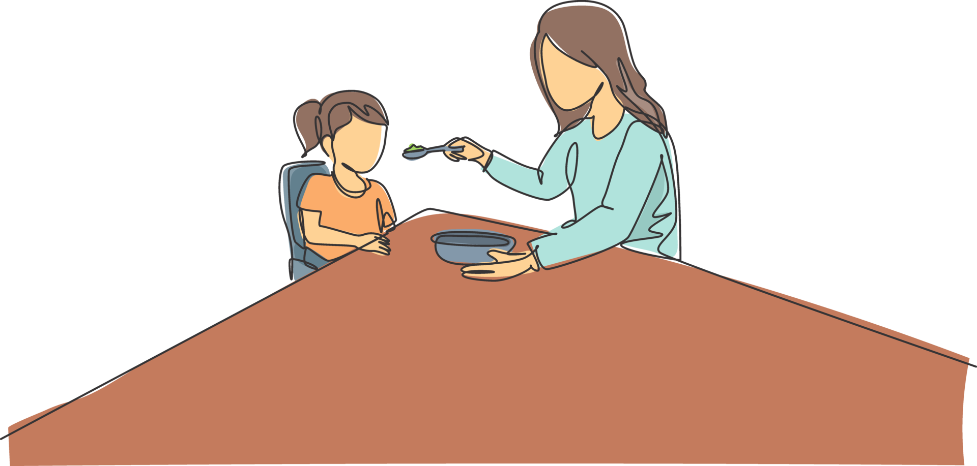 Single Continuous Line Drawing Of Young Mother Feeding Her Sick Fever Daughter While Siting On