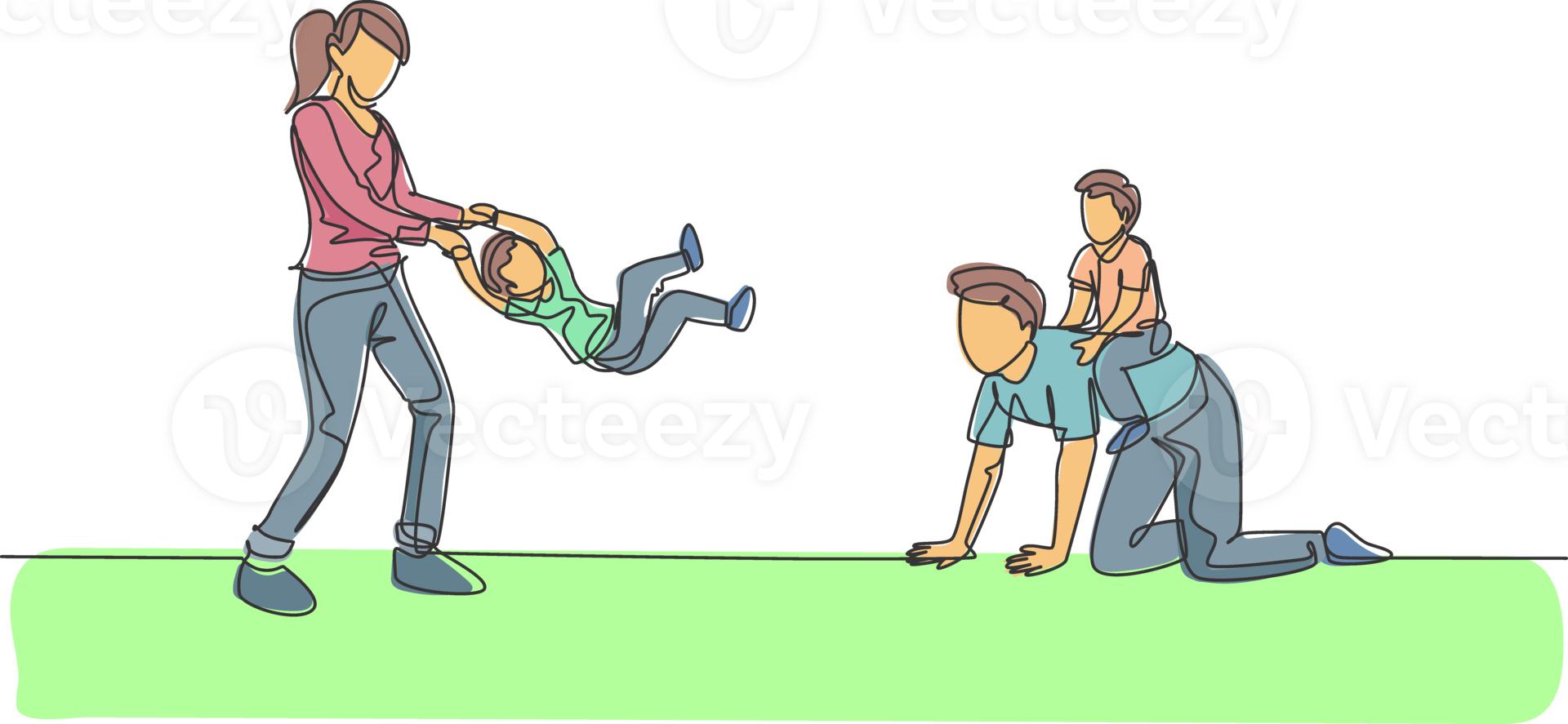 Single continuous line drawing of young mom and dad playing with their ...