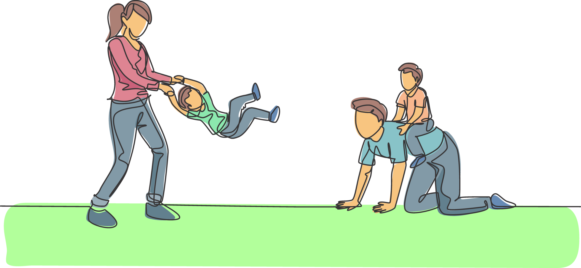 Single continuous line drawing of young mom and dad playing with their ...