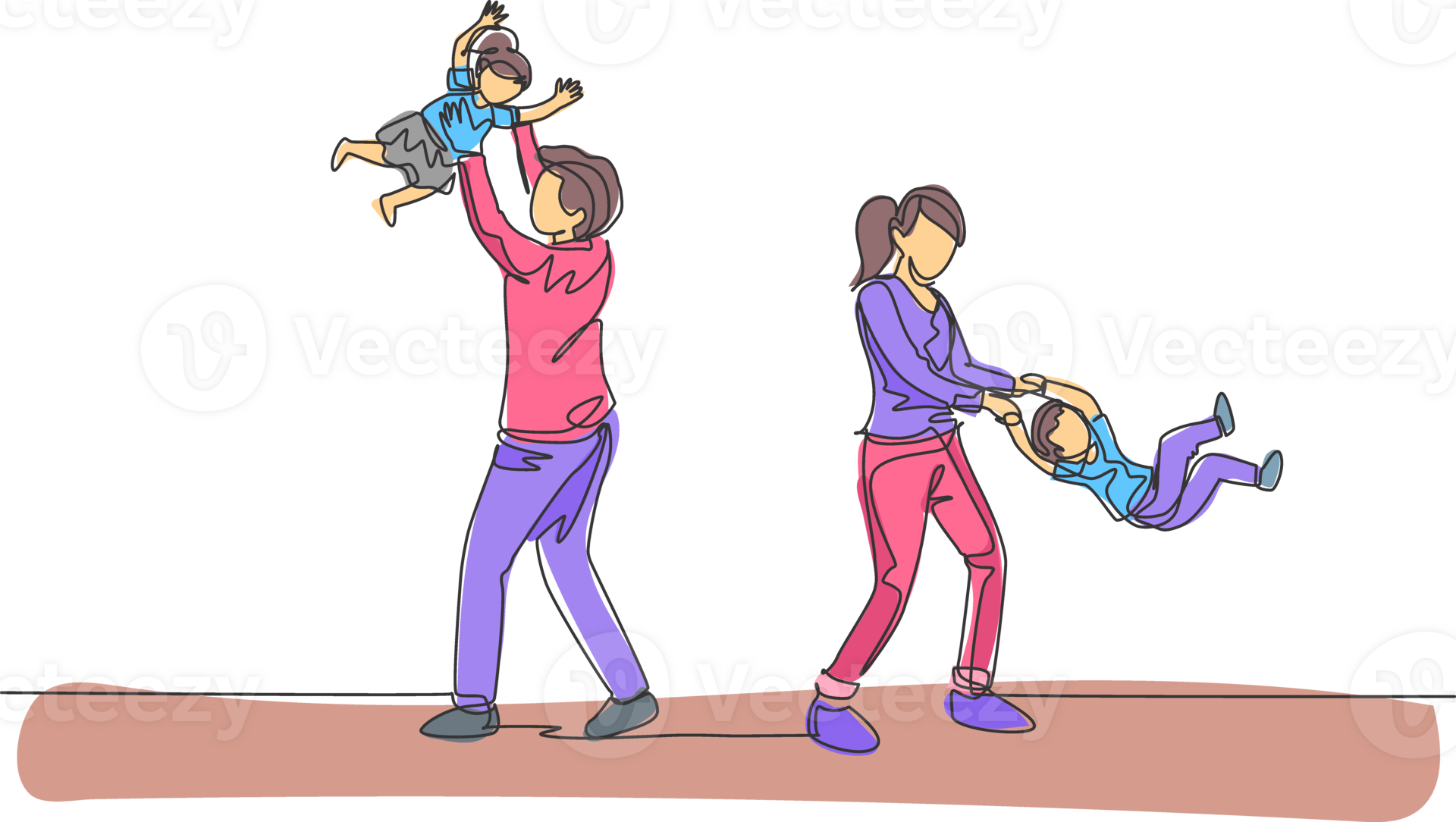 Single continuous line drawing of young young mom and mom playing with ...