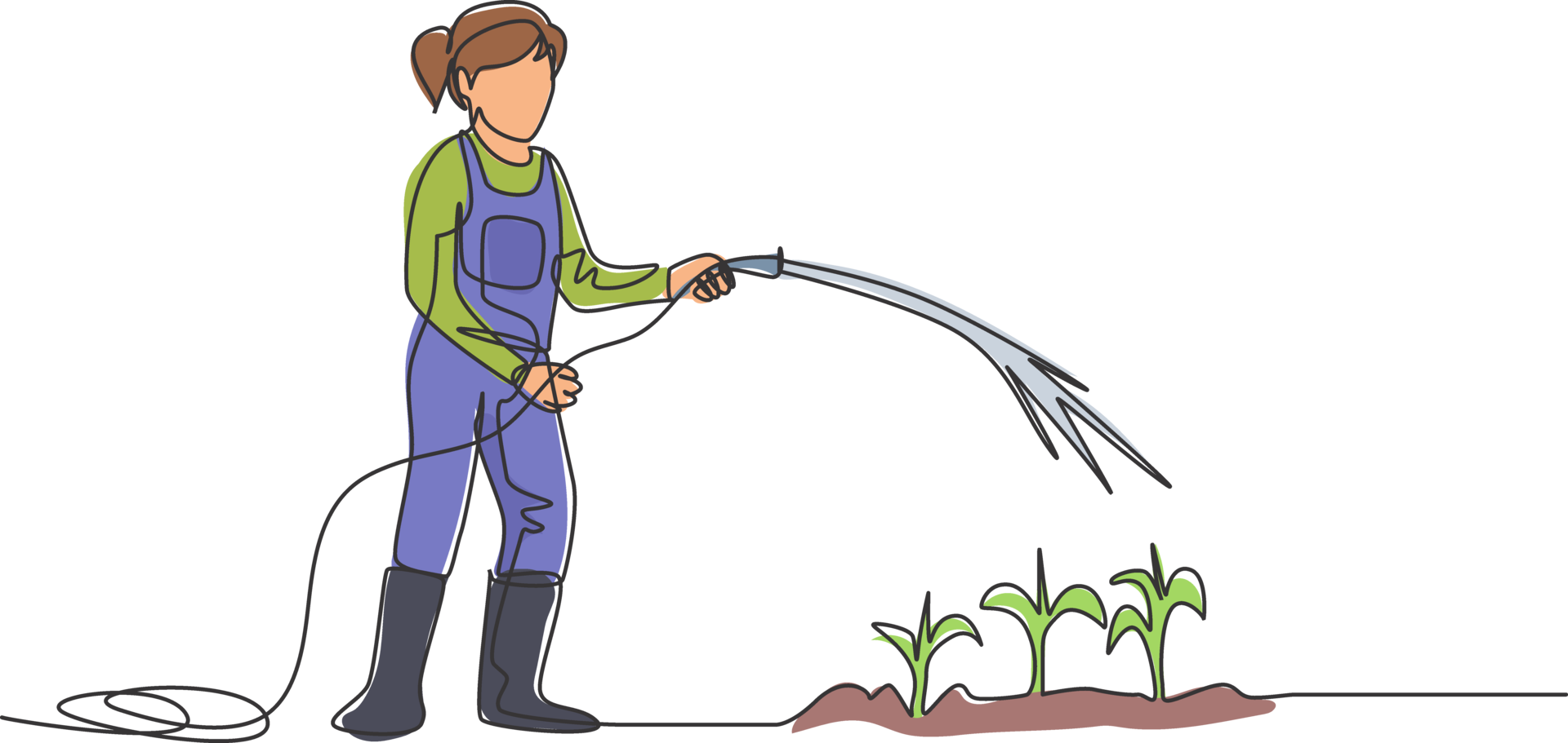 Continuous One Line Drawing Young Female Farmer Standing On Farm Field While Watering The Plants
