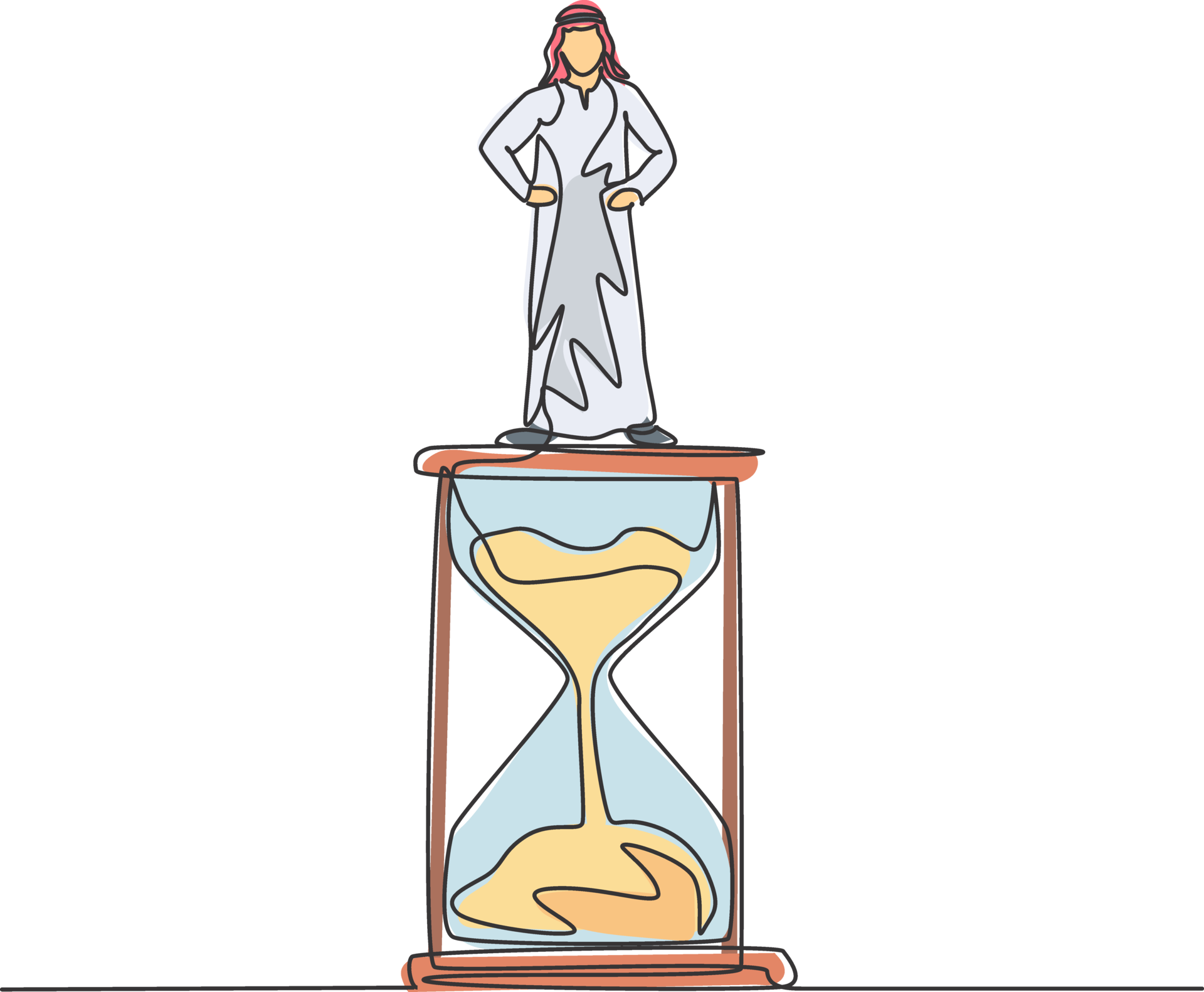 Single Continuous Line Drawing Young Arab Business Man Standing Above Hourglass Sandglass To